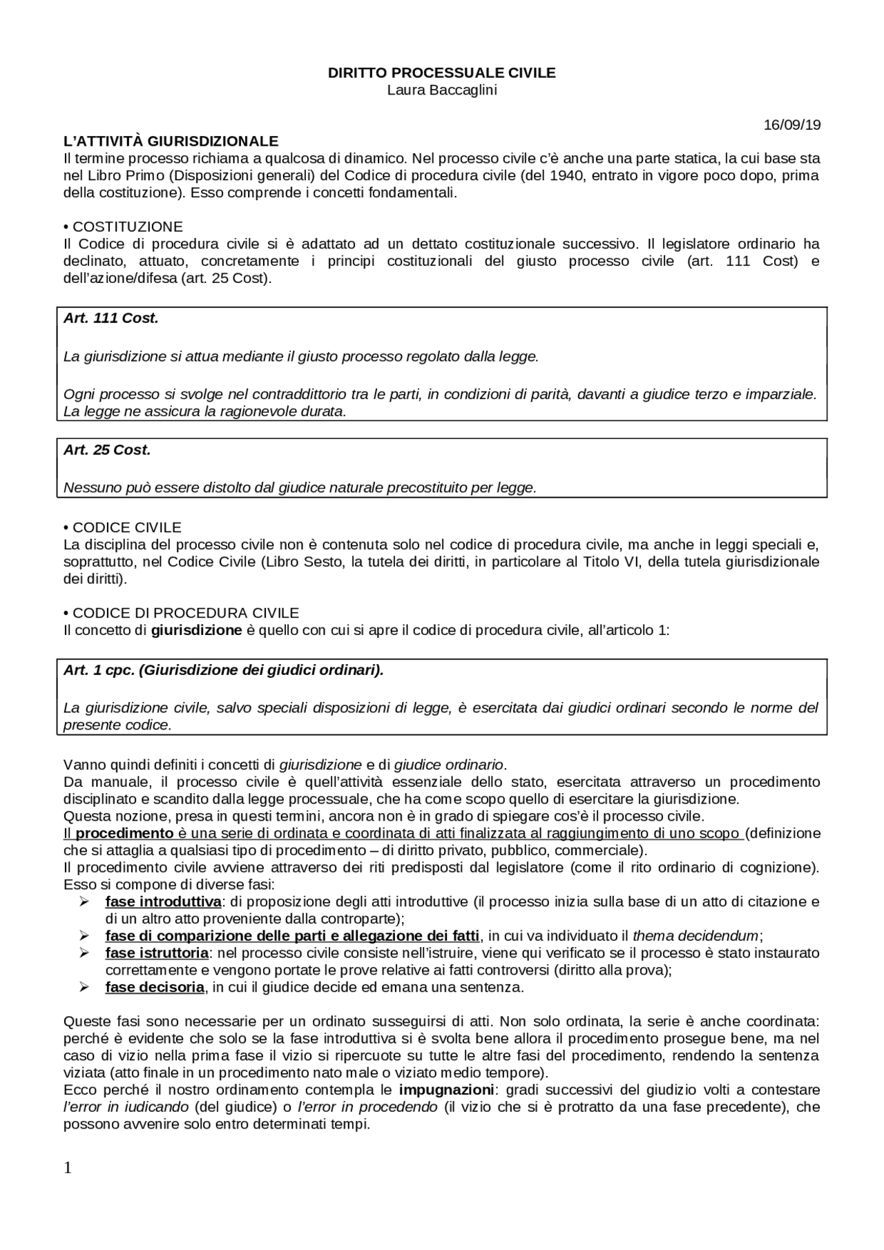 Appunti Baccaglini - Diritto processuale civile (parte 1) - Docsity