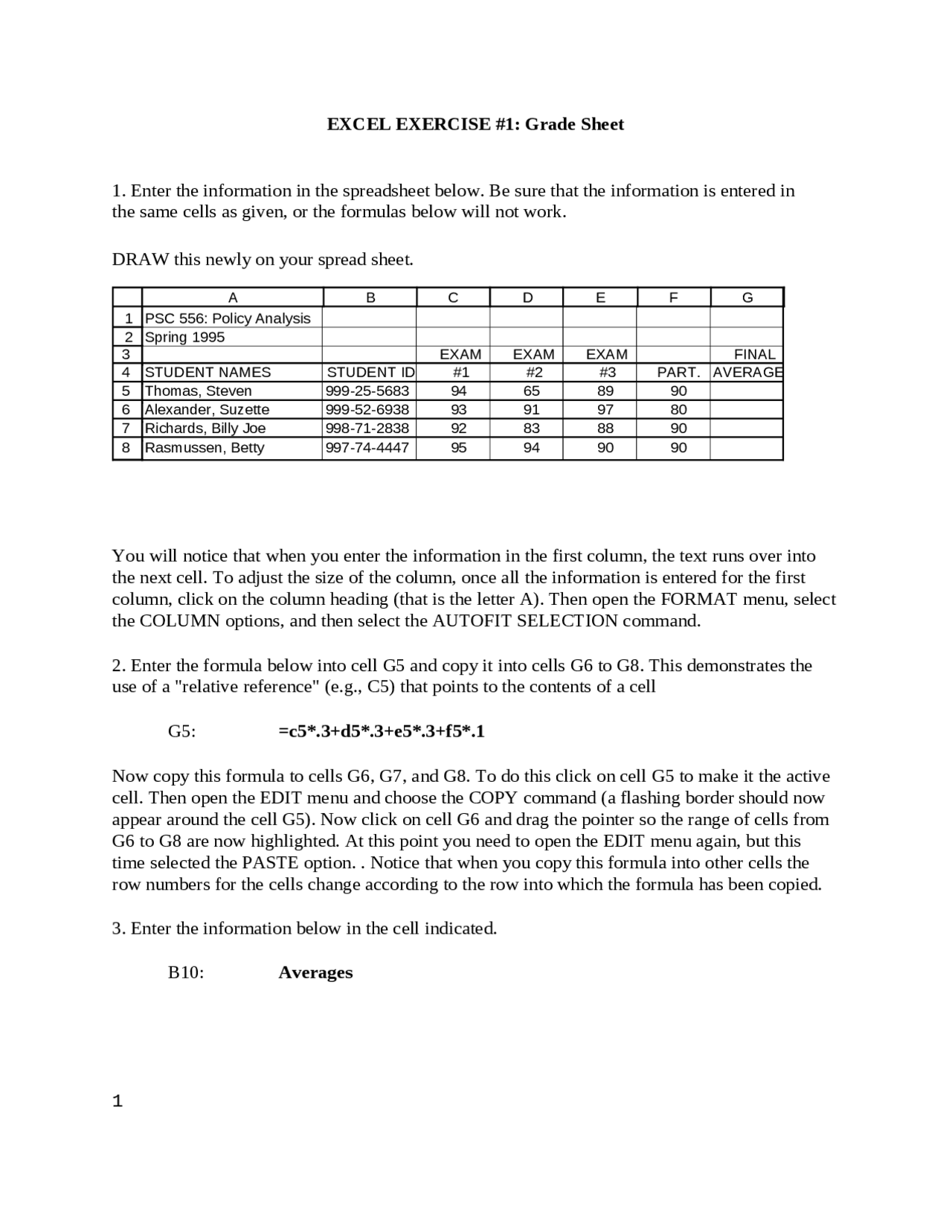 Excel Exercise 1 Grade Sheet 1 Docsity