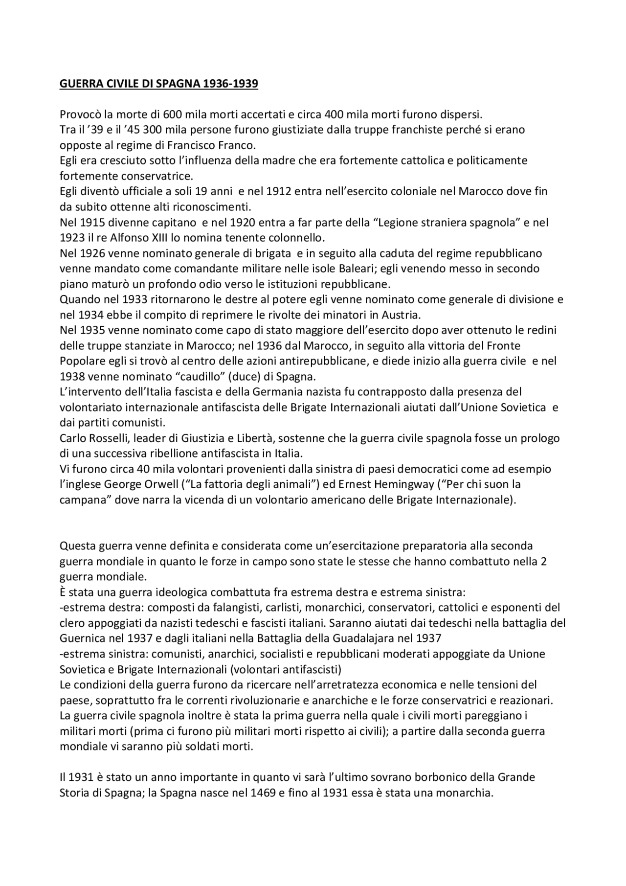 Guerra Civile Spagnola Docsity