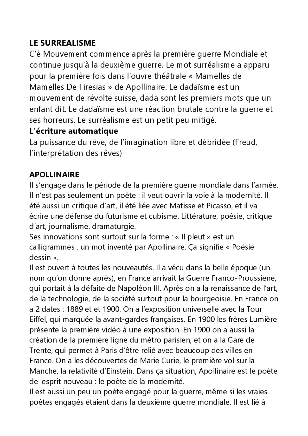 Apollinaire Surrealisme Scritto In Francese Docsity