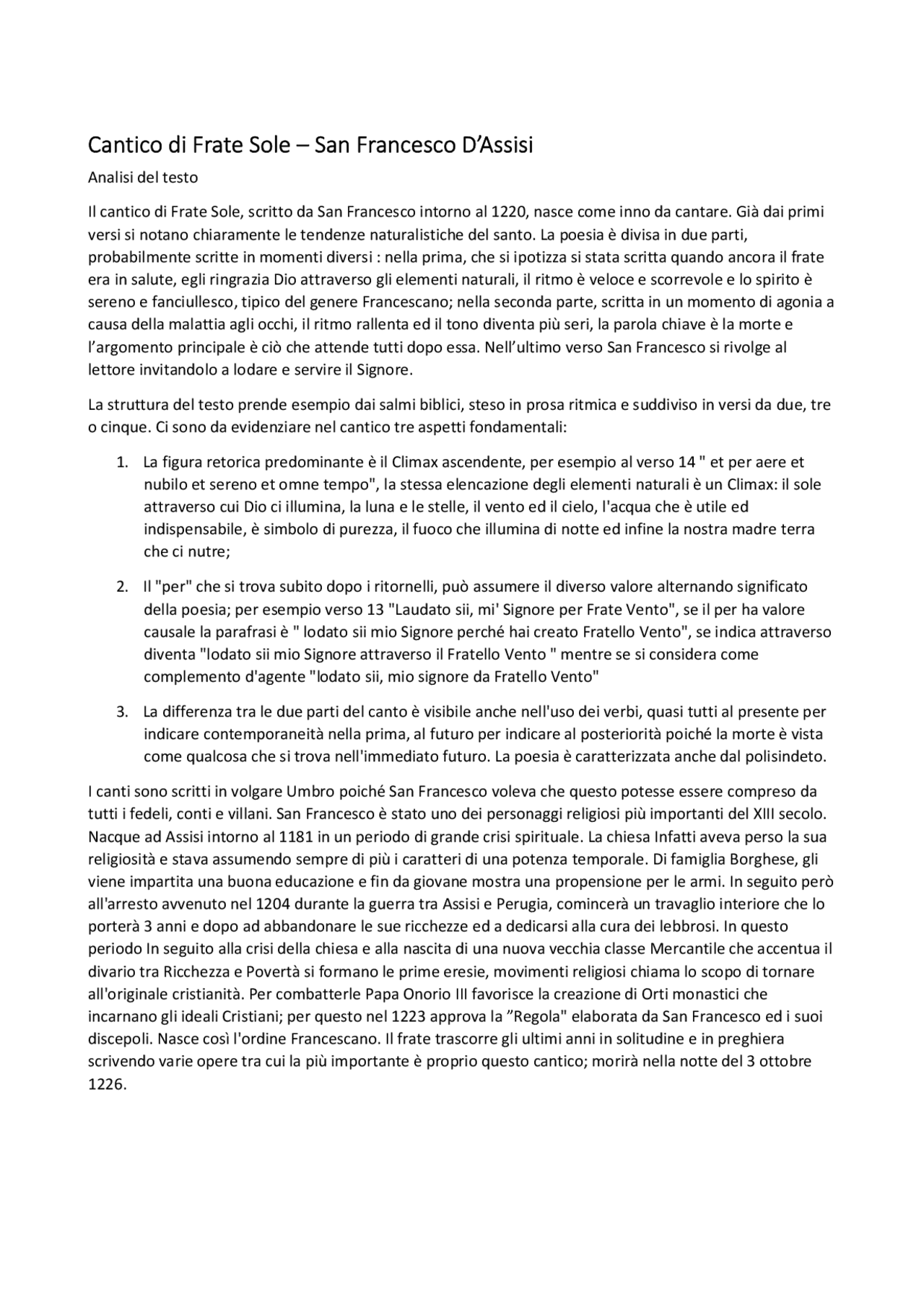 Cantico di Frate Sole - S. Francesco D'Assisi, Analisi - Docsity