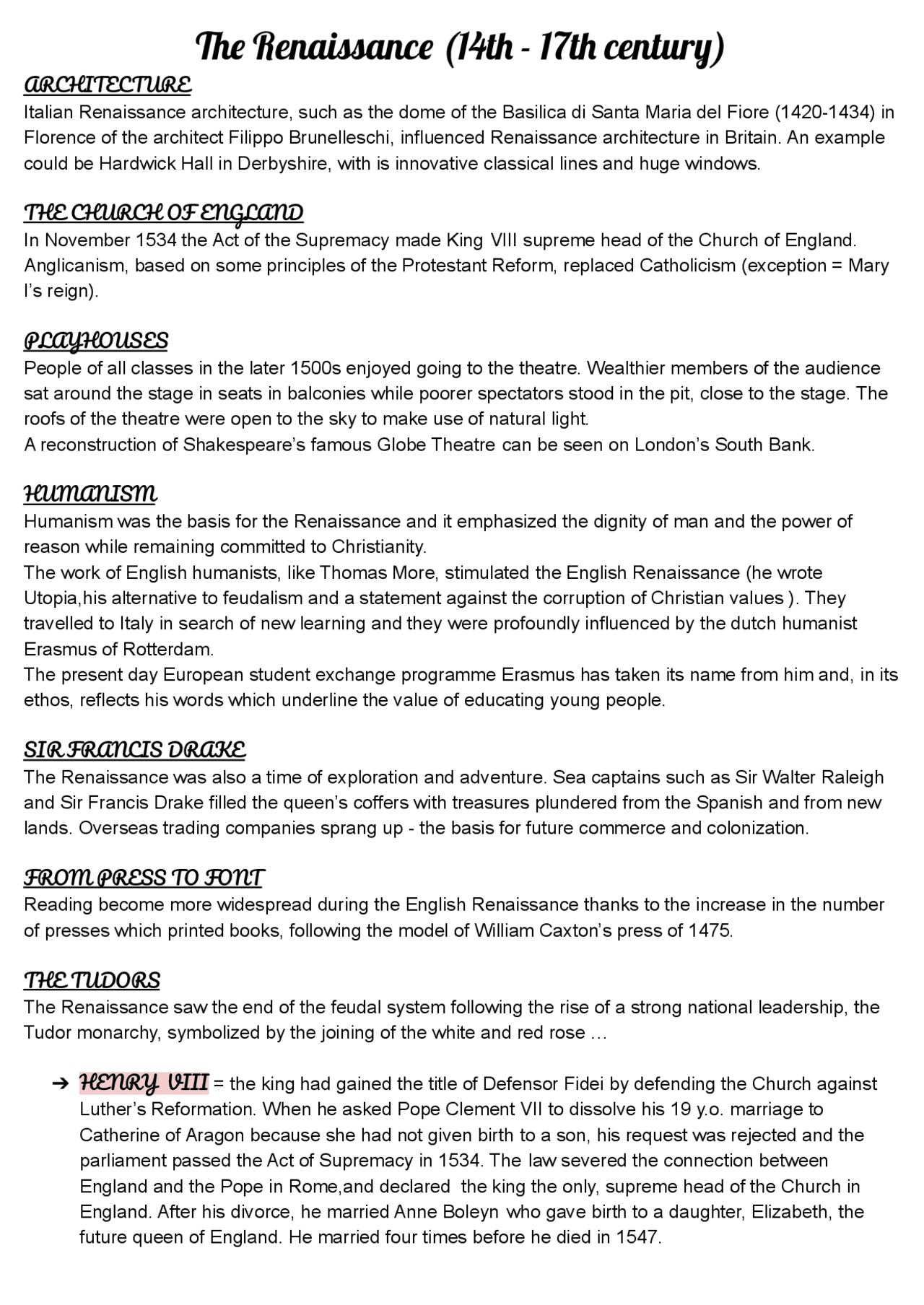 The Renaissance - key facts - Docsity