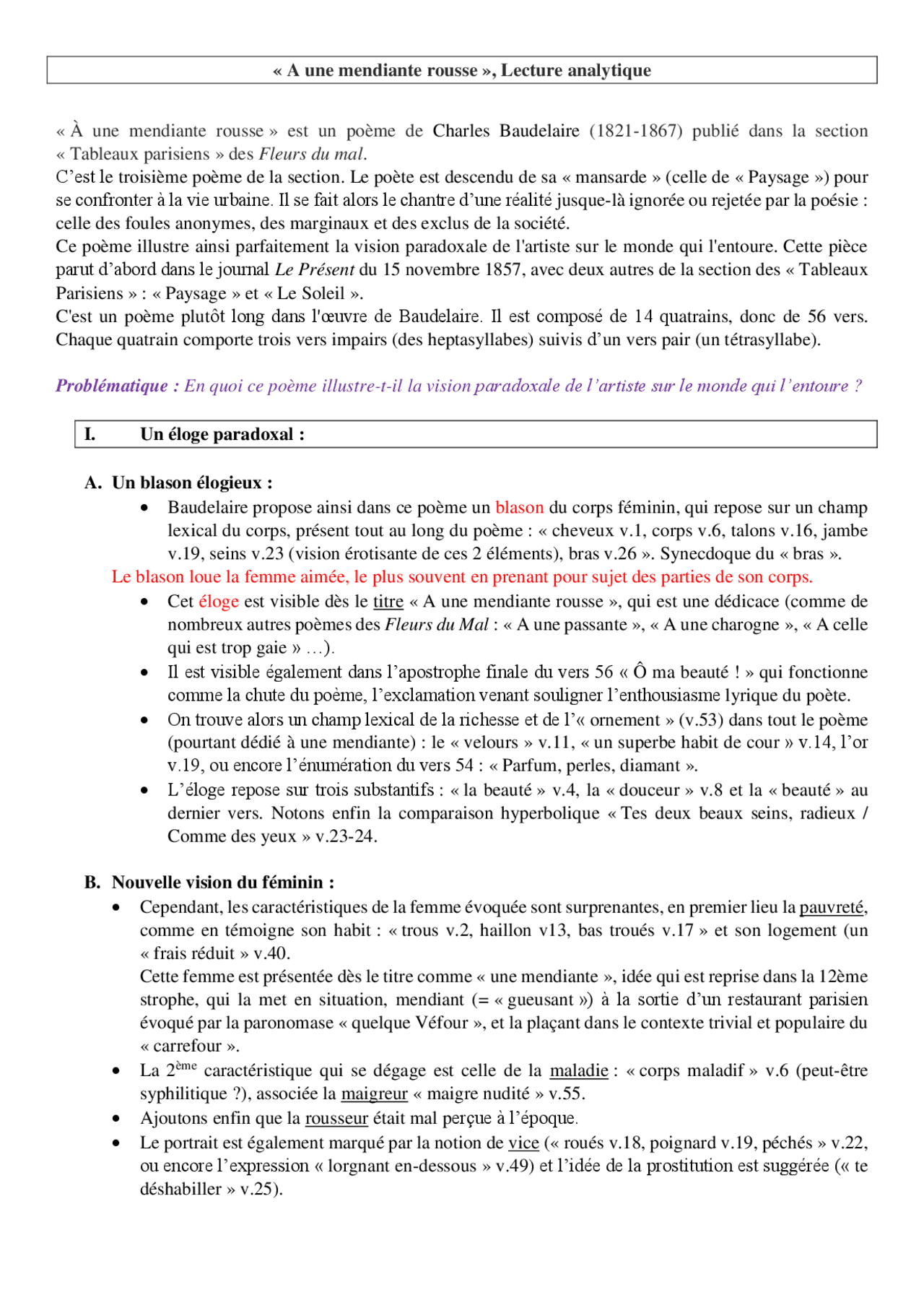 Lecture Analytique De À Une Mendiante Rousse De Baudelaire Lectures