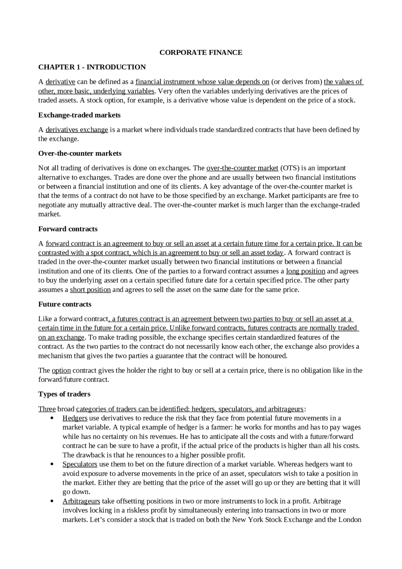 Corporate Finance Derivatives Docsity