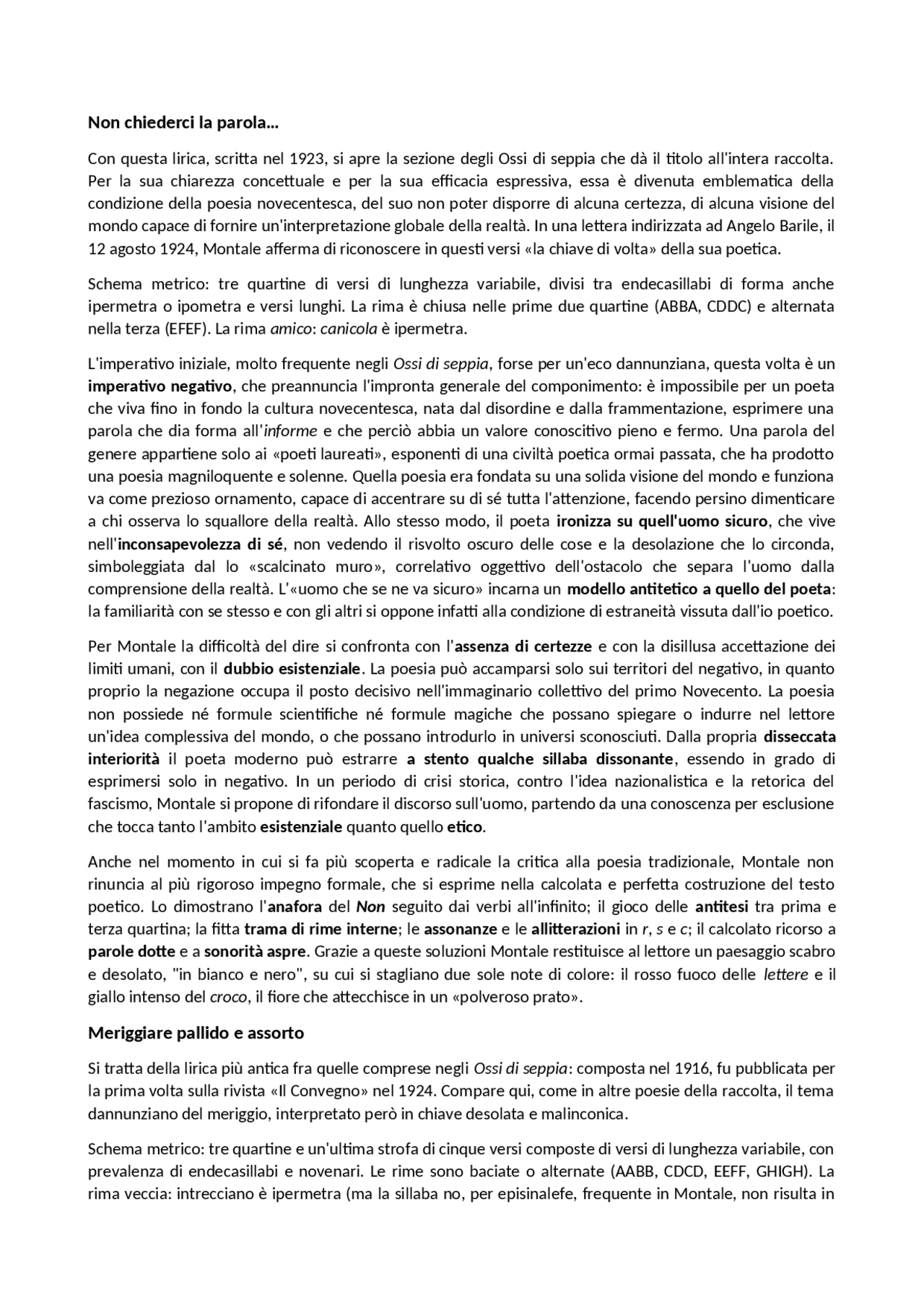 Montale E I Suoi Testi Docsity