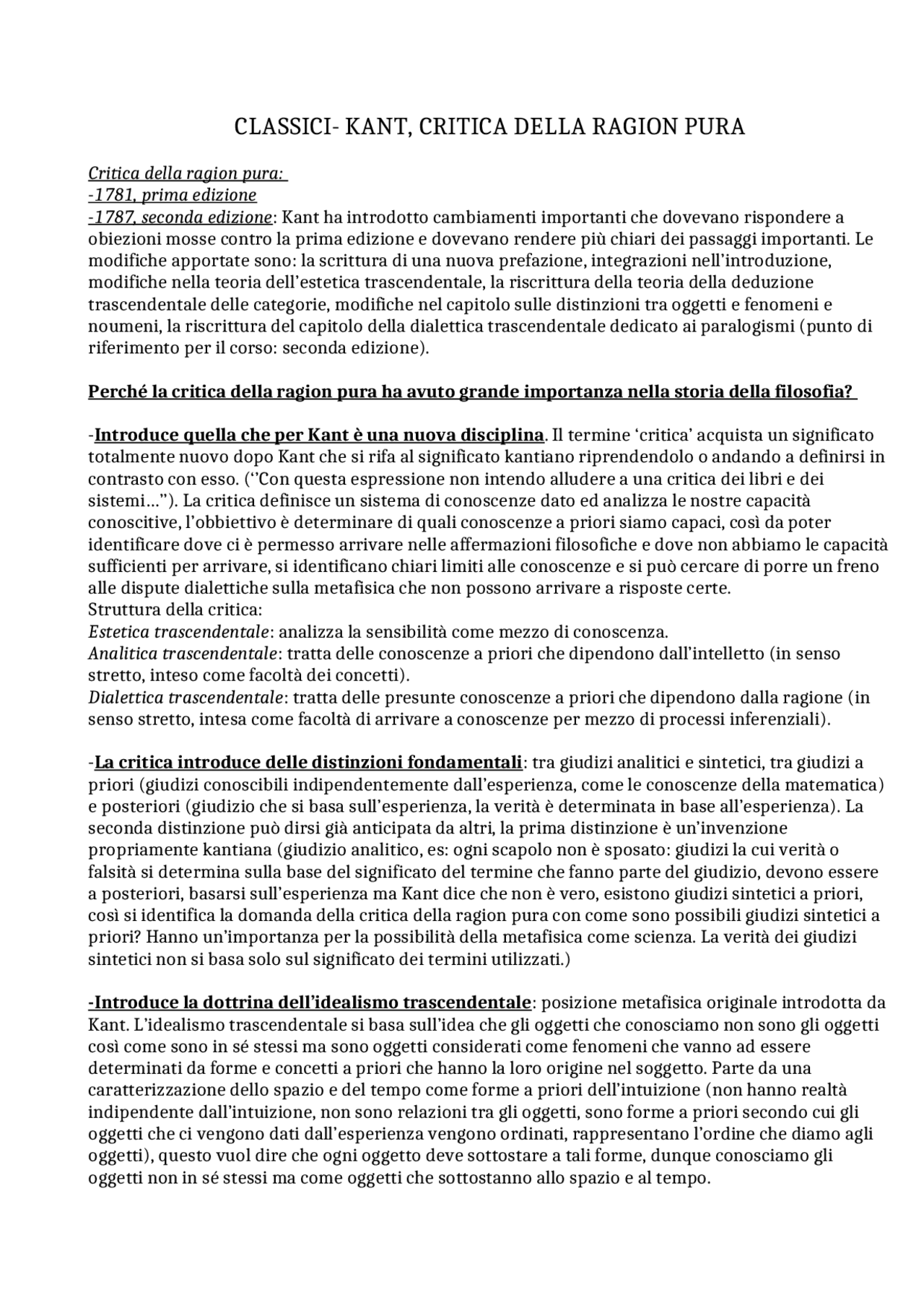 Kant I Modulo Corso Classici Della Filosofia Docsity