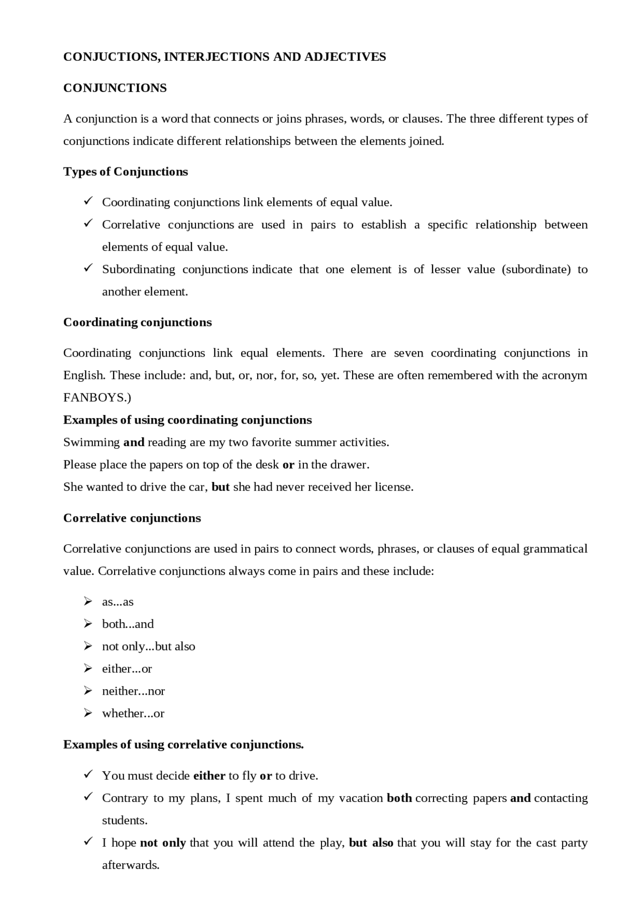 Conjunstions, interjections and adjectives - Docsity