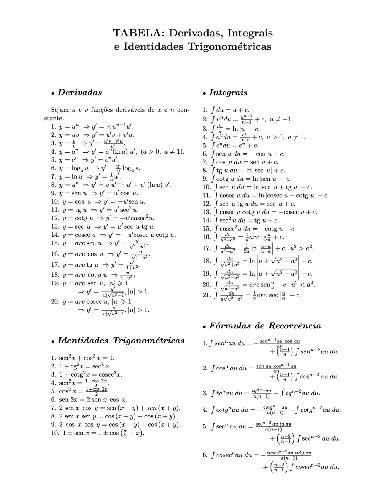 Tabela de regras integrais e derivadas - Docsity