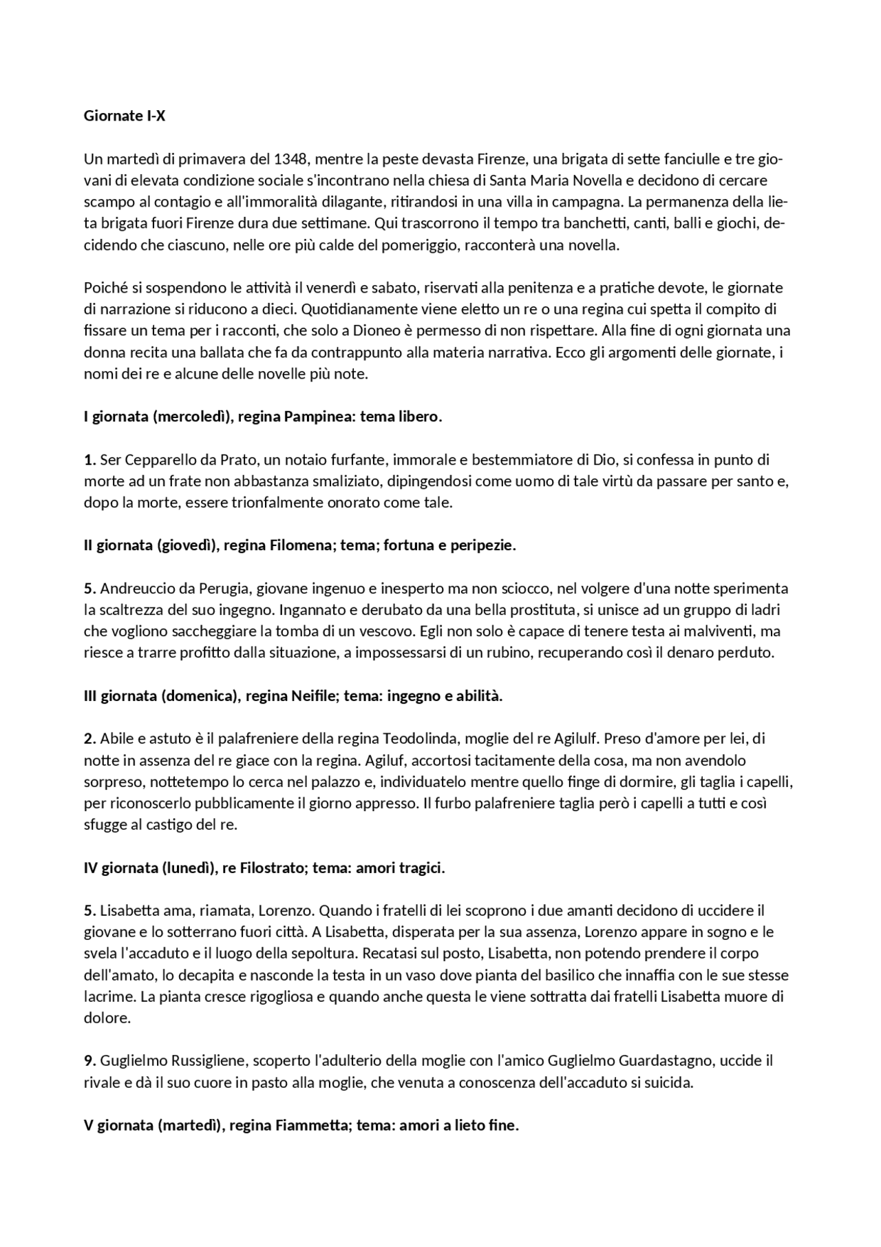 Boccaccio Decameron Riassunto Breve Docsity