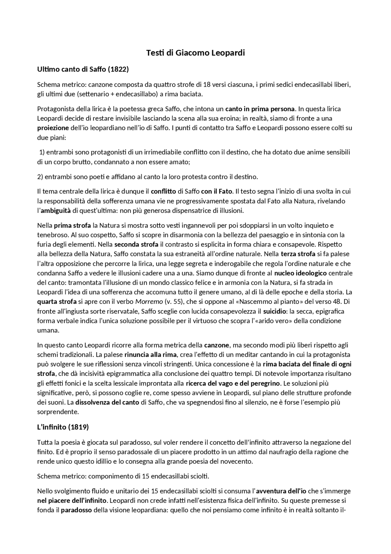 Leopardi E Lanalisi Dei Sui Testi Docsity