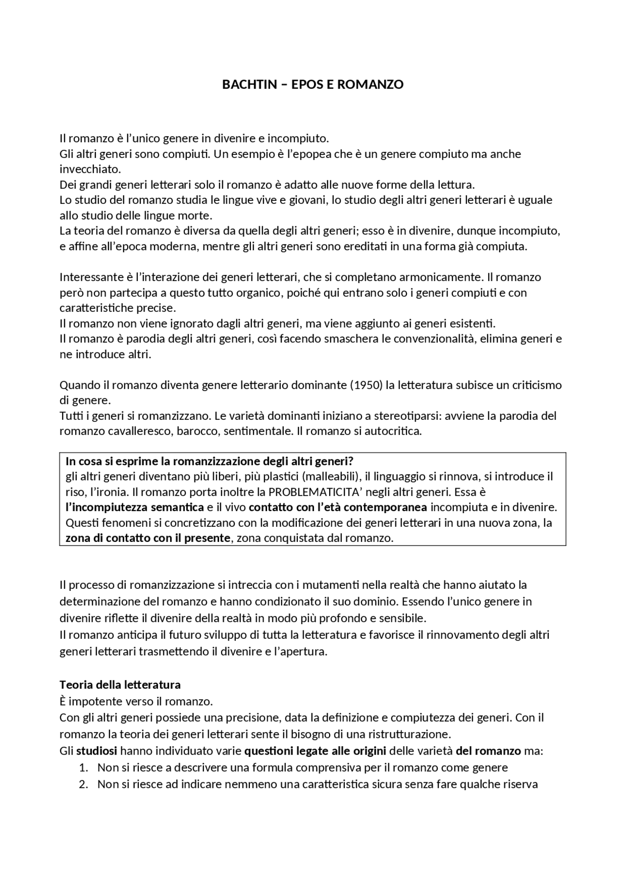 Riassunto Epos E Romanzo Di Bachtin Docsity