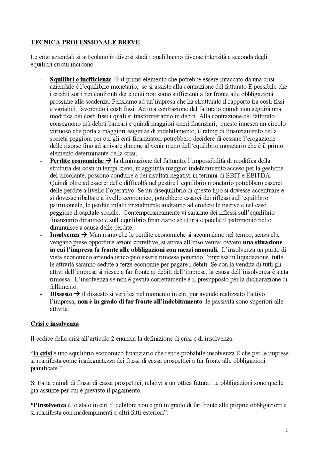 RIASSUNTO BREVE DEL SECONDO MODULO DI TECNICA PROFESSIONALE (consulenza e Gestione delle Crisi ...