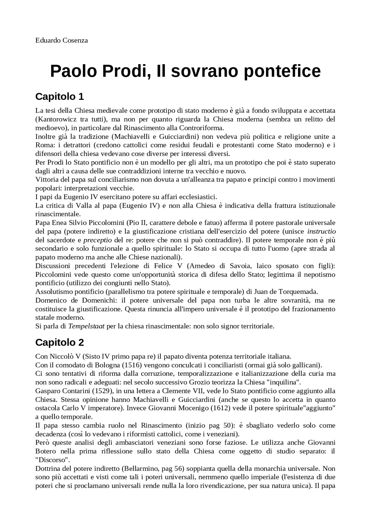 Riassunto Di Paolo Prodi Il Sovrano Pontefice Docsity