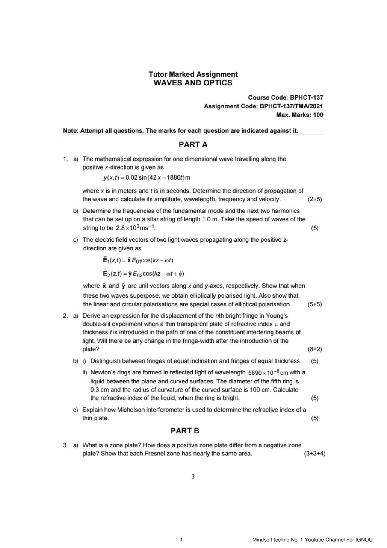 Ignou assignment Bsc Physics BPHCT-137 - Docsity