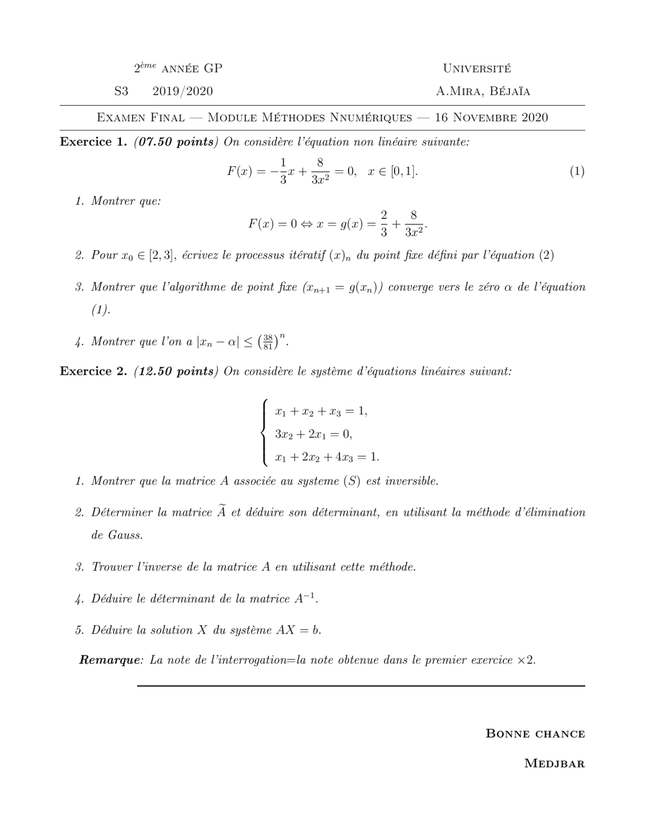 Examen De Méthodes Numériques L2 Exams Mathematical Methods Docsity