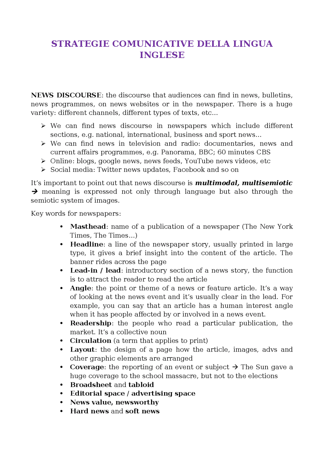 Strategie Comunicative Della Lingua Inglese Docsity