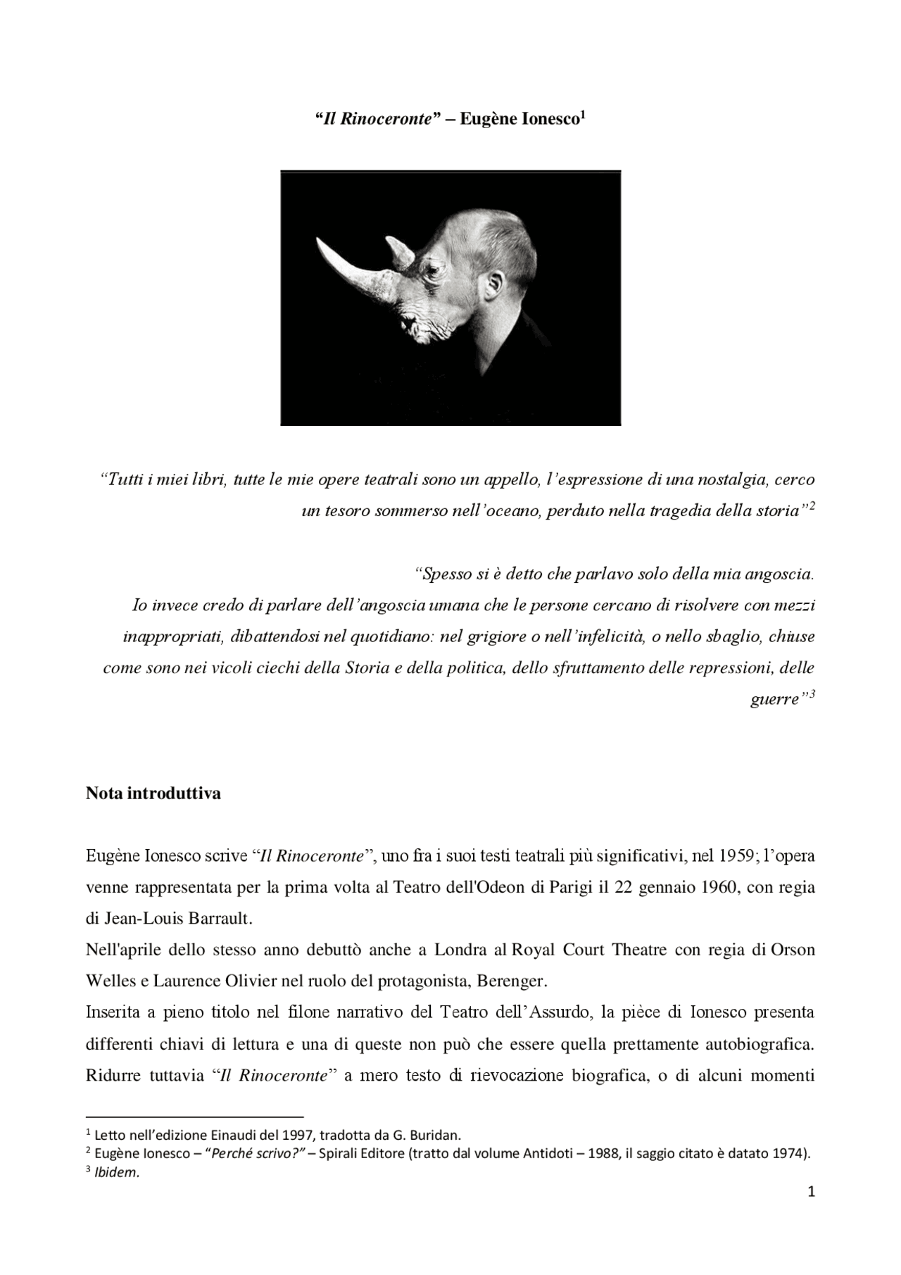 Analisi "Il Rinoceronte" di Ionesco | Prove d'esame di Storia dell ...