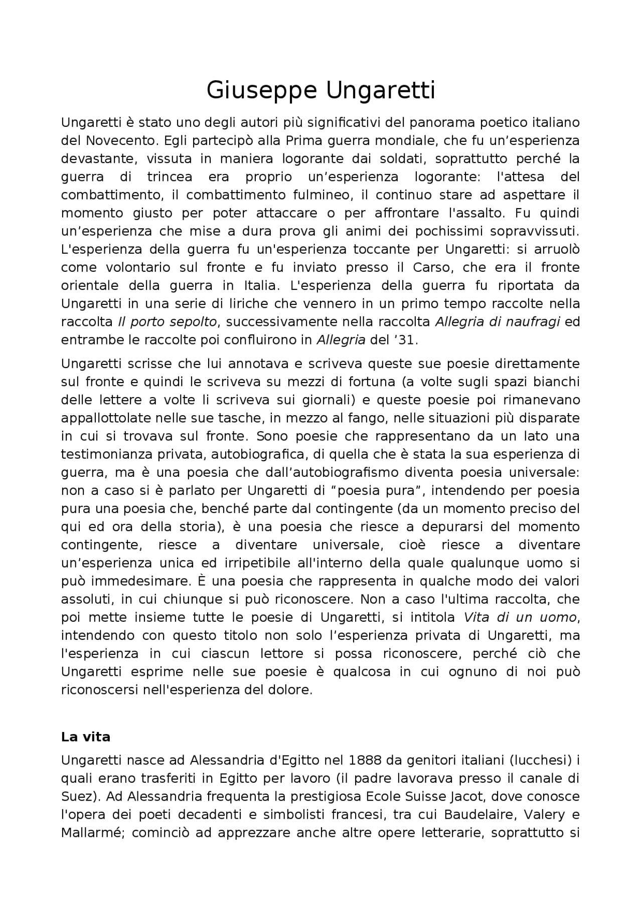Giuseppe Ungaretti Vita E Poetica Docsity