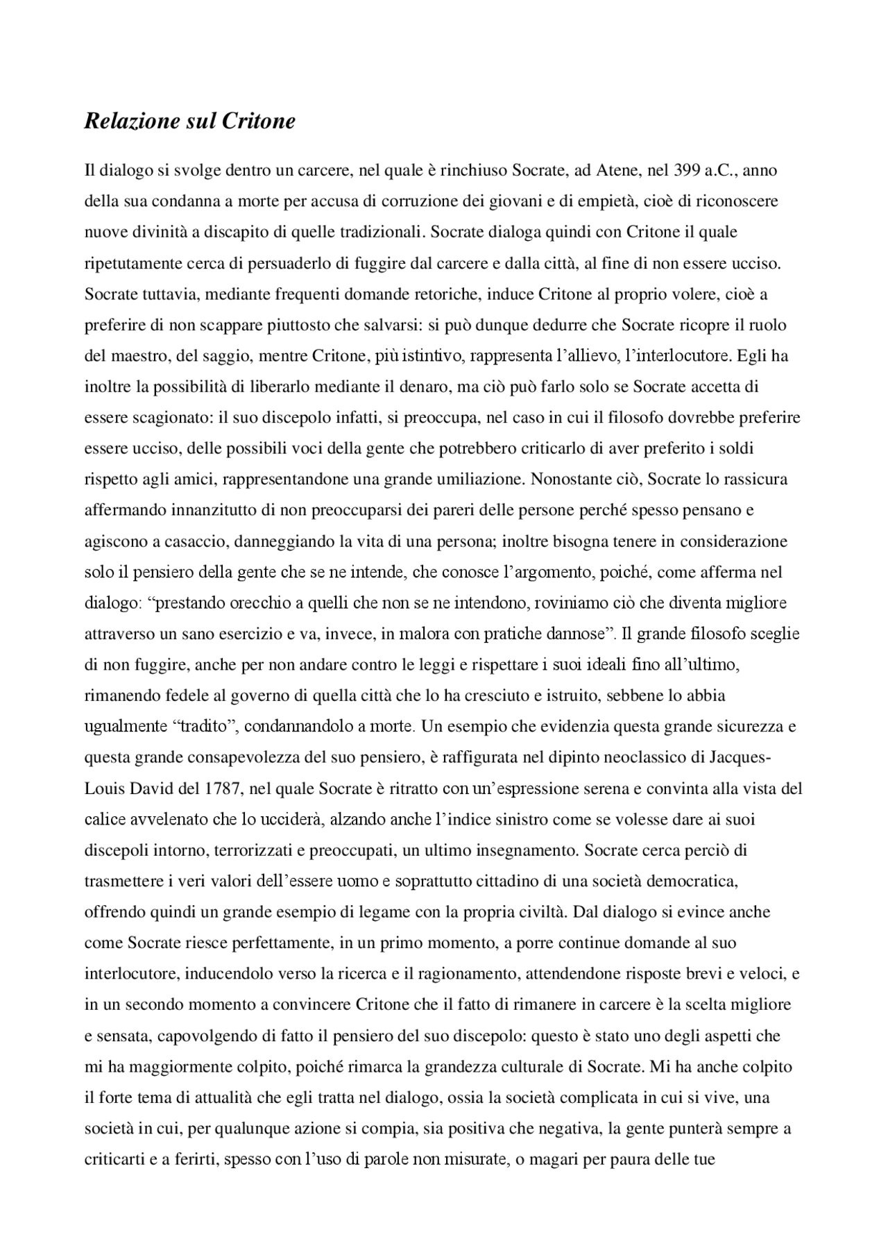 Relazione sul dialogo tra Critone e Socrate ne "Il Critone", Platone ...