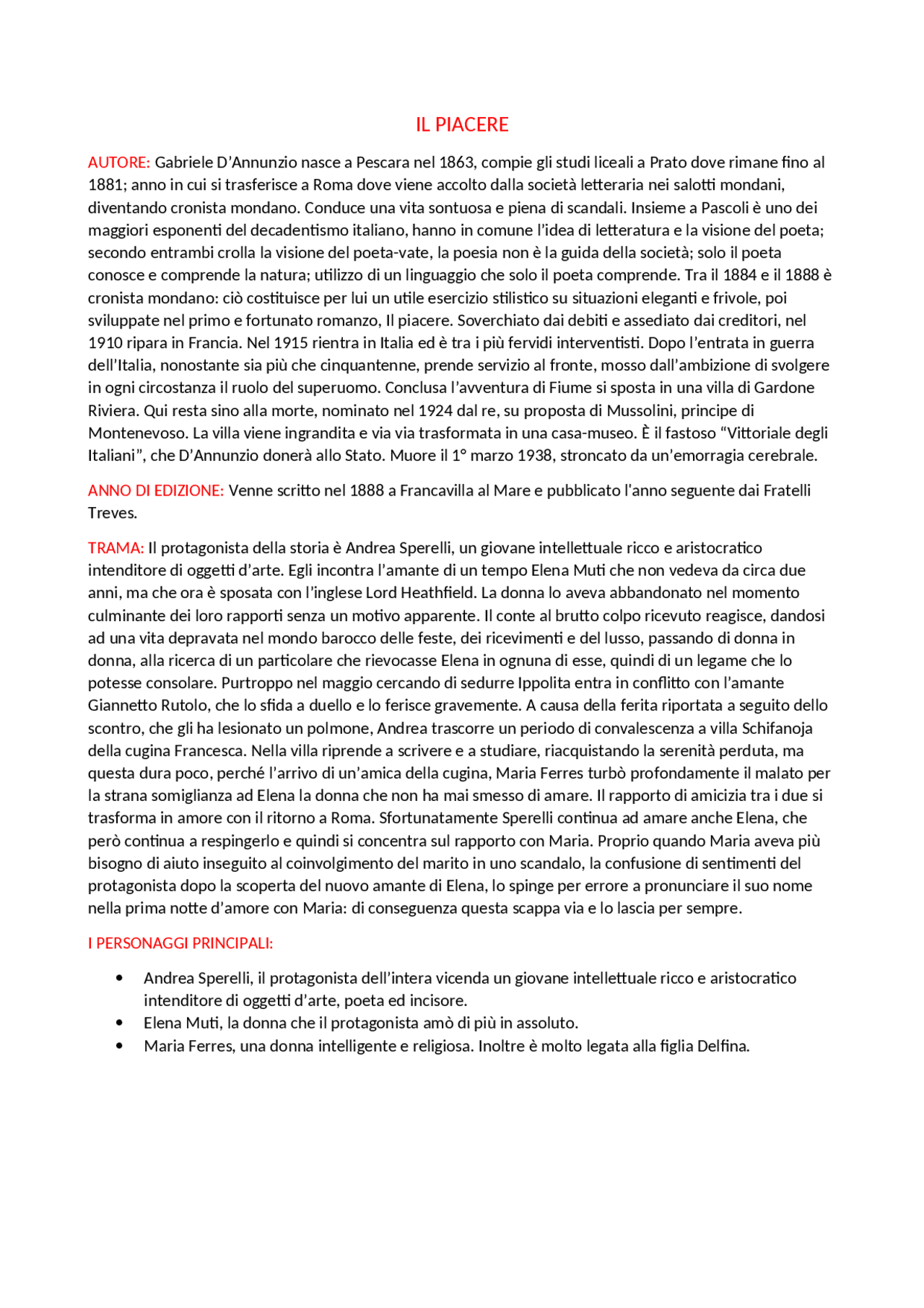 Scheda libro Il Piacere di D'annunzio e commento | Dispense di Italiano ...