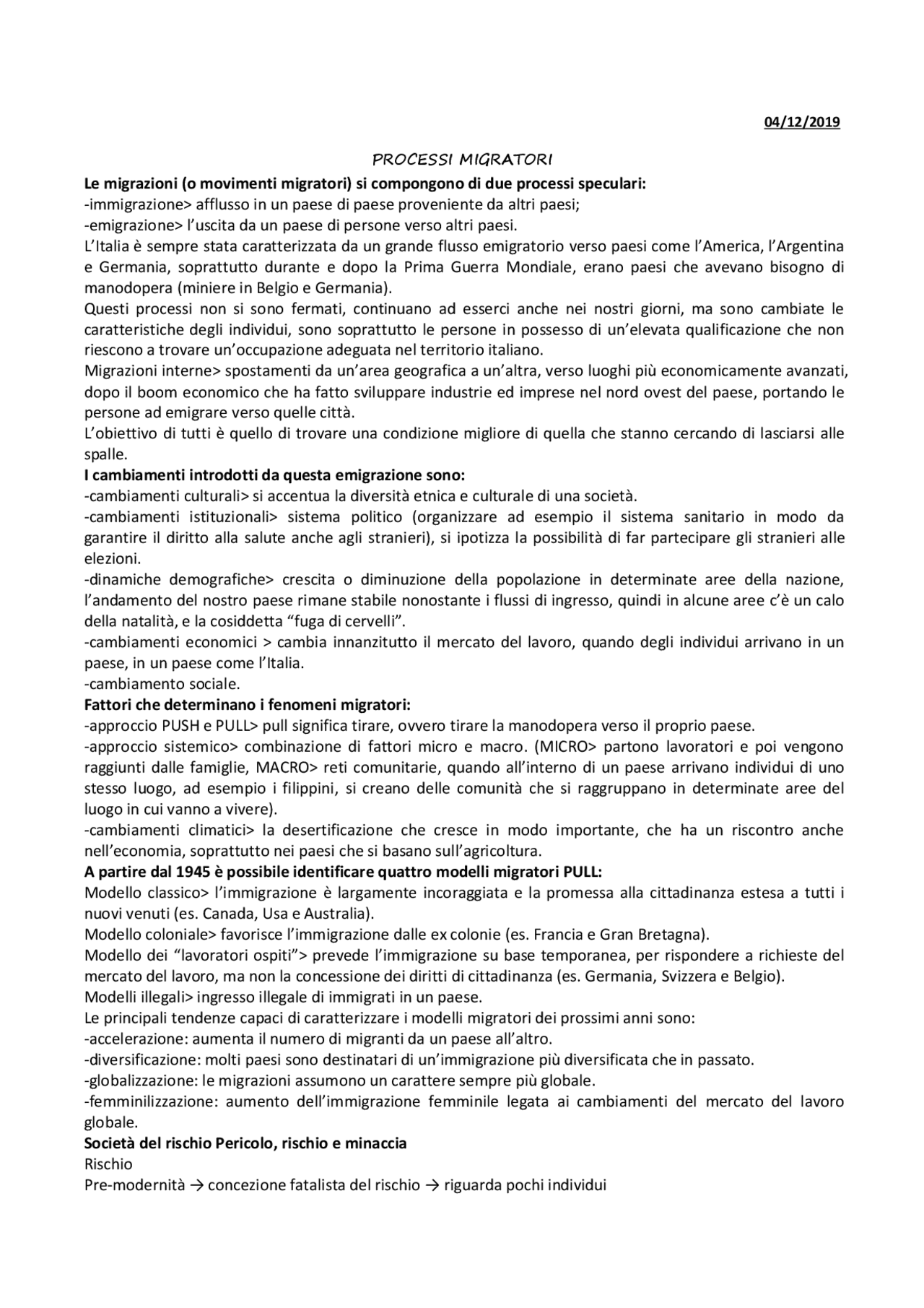 Focus Sui Processi Migratori Docsity