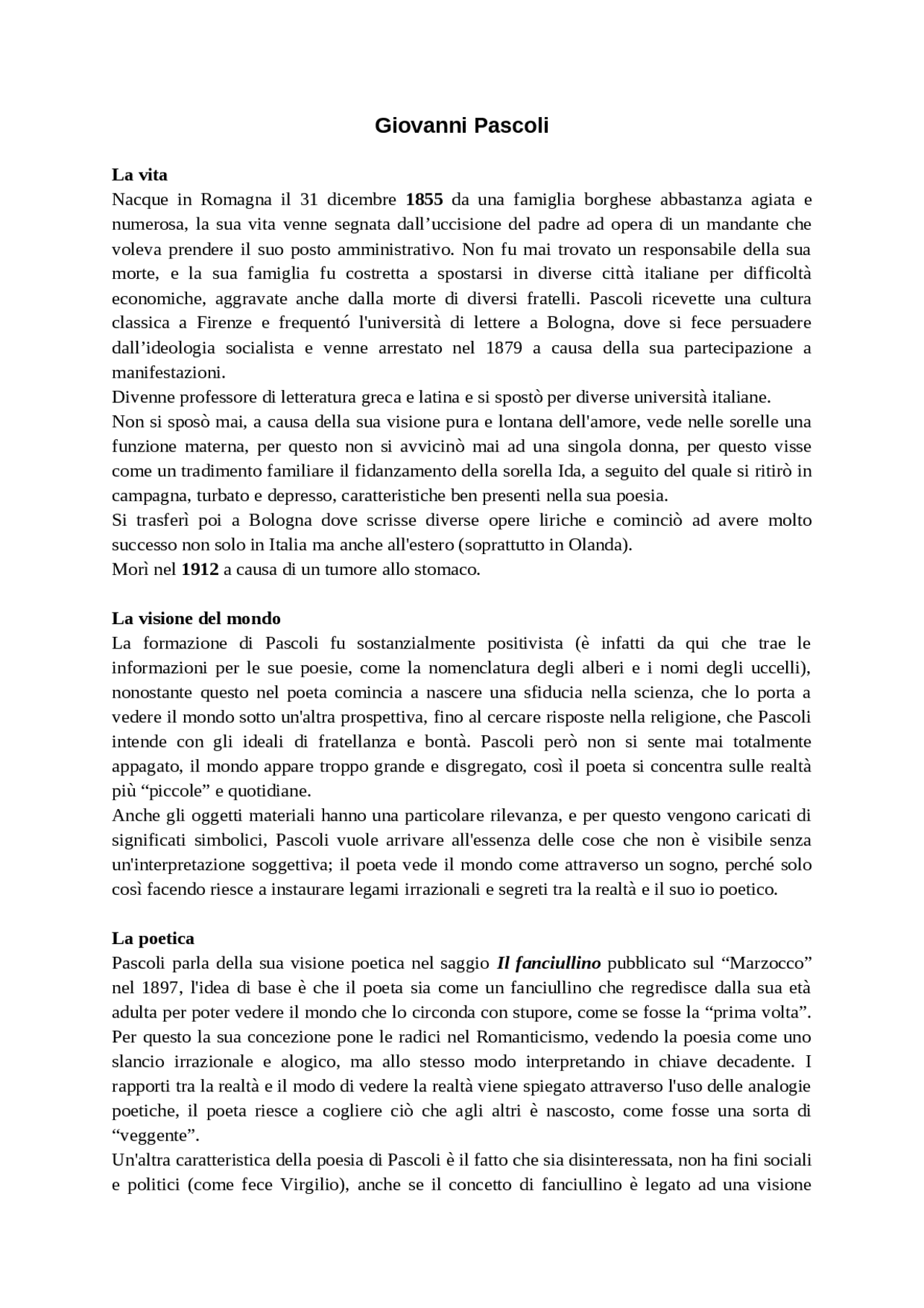 Giovanni Pascoli Vita E Opere Docsity