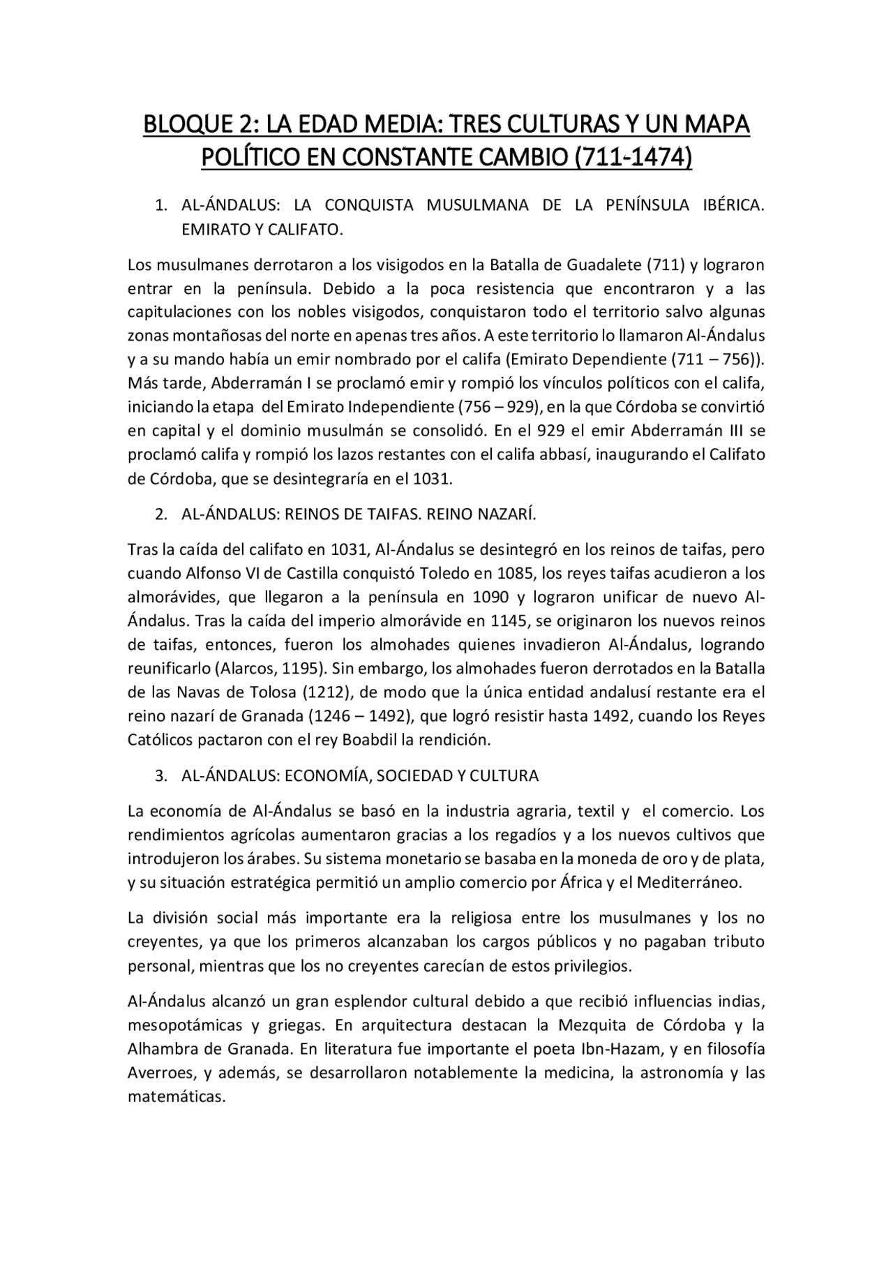BLOQUE 2_La Edad Media. Tres Culturas y un mapa plítico en constante cambio (711 - 1474) - Docsity