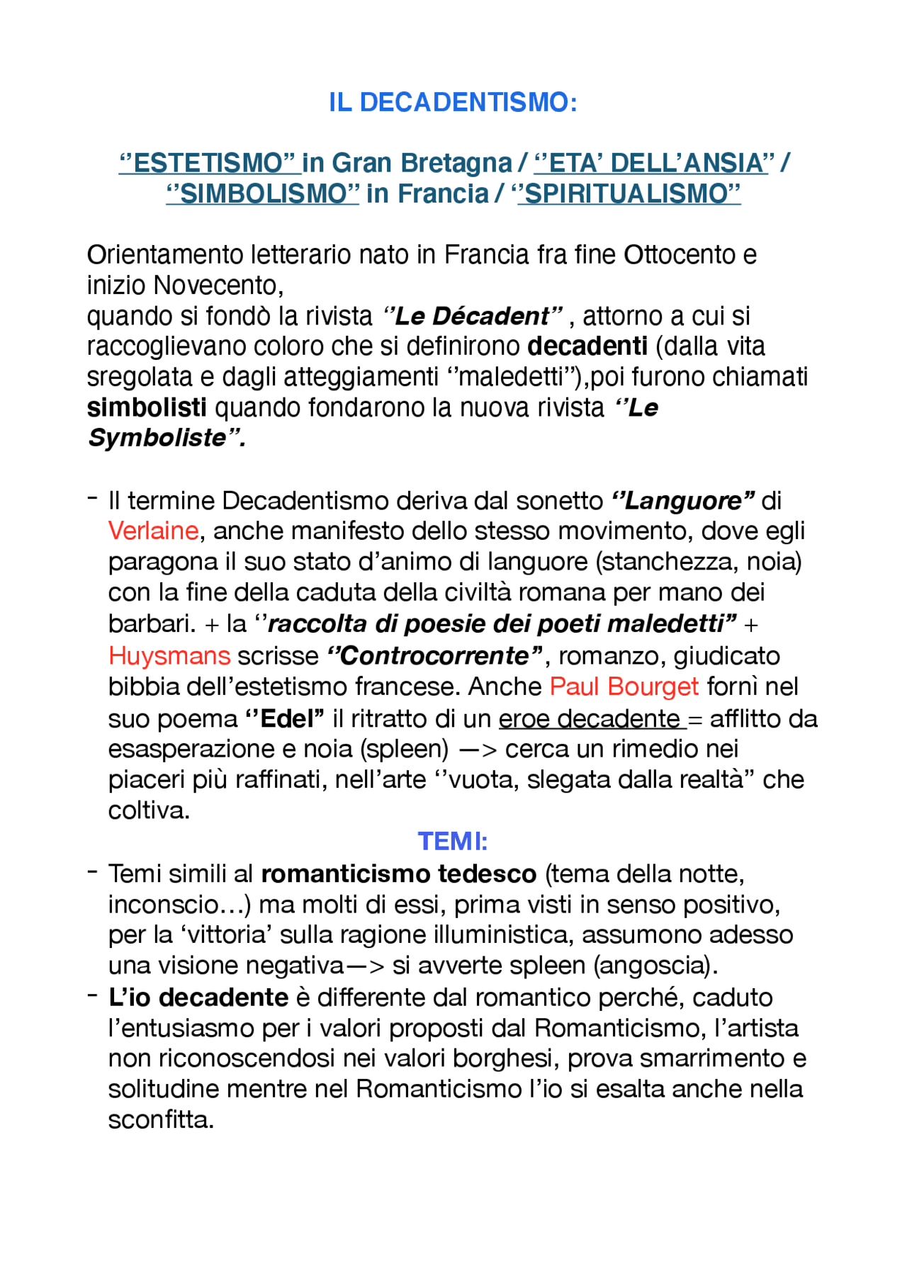 Decadentismo Temi E Punti Chiave Docsity