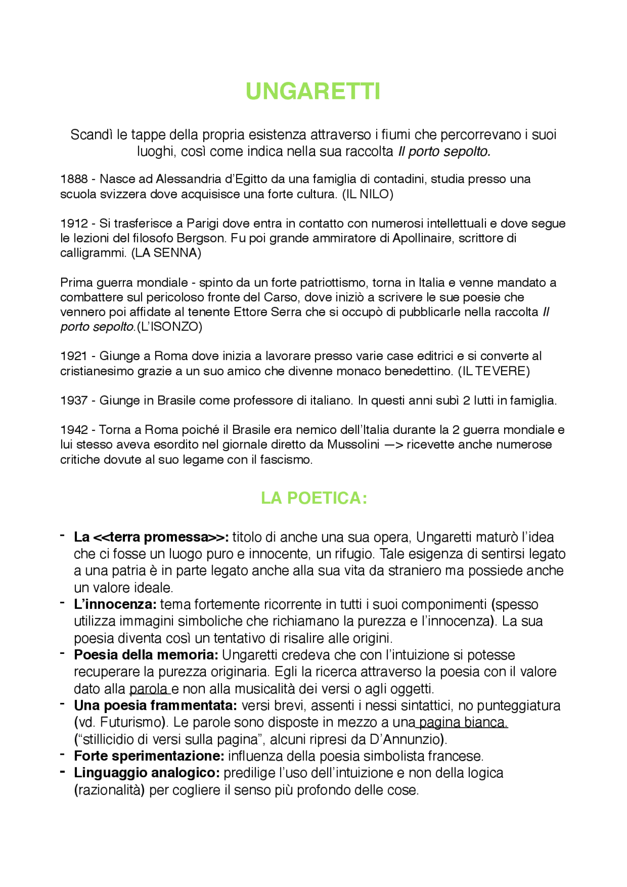 Ungaretti Vita Poetica E Opere Docsity