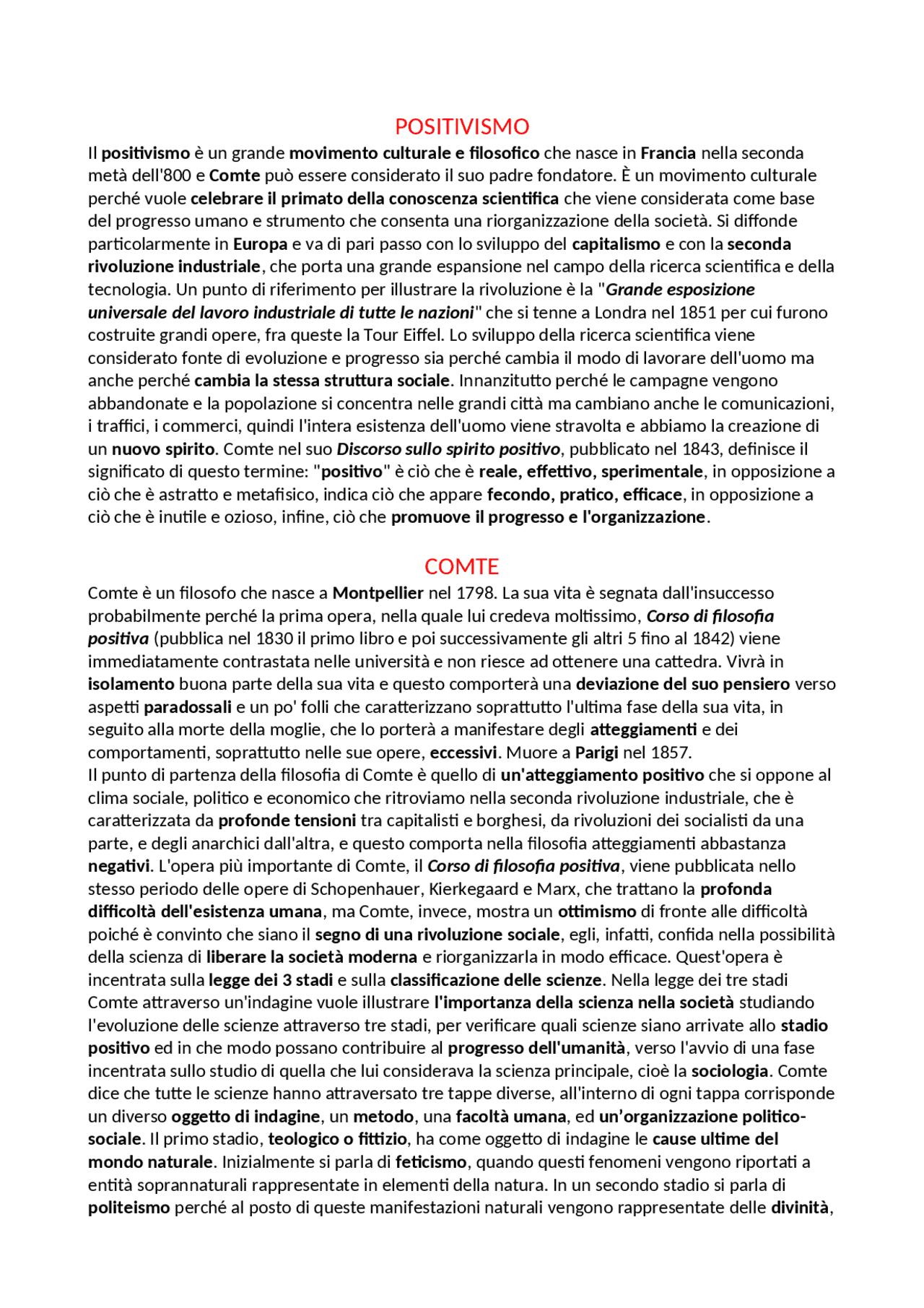 Positivismo Comte Darwin Docsity