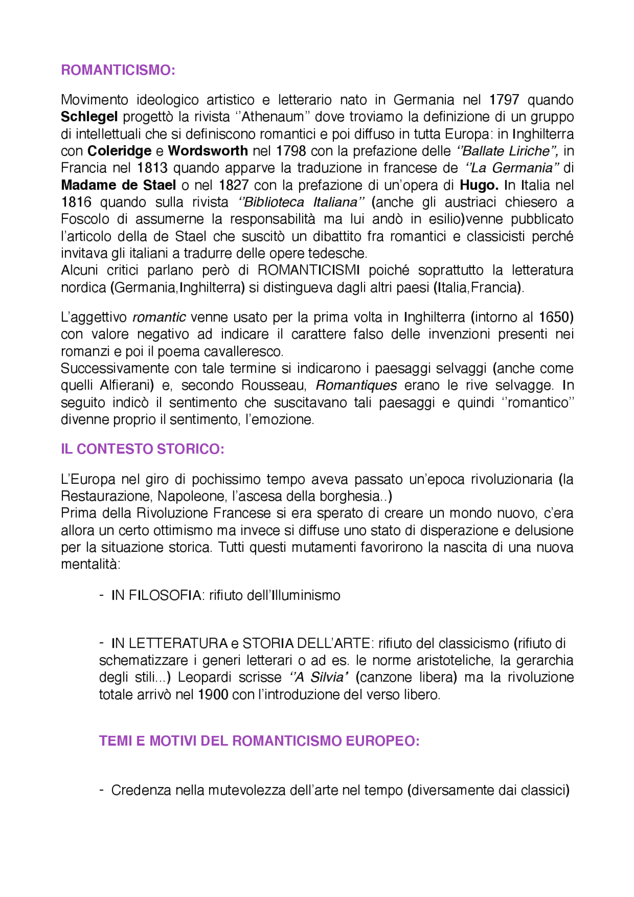 Romanticismo Punti Chiave Docsity