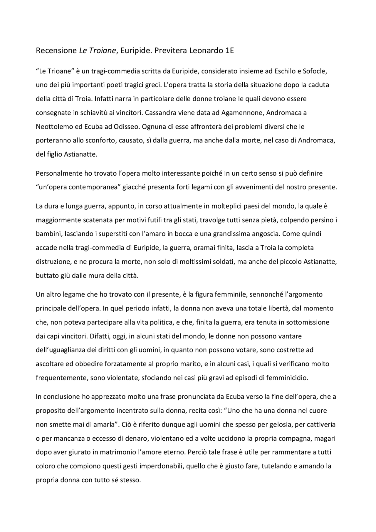 Recensione Le Troiane Euripide Docsity