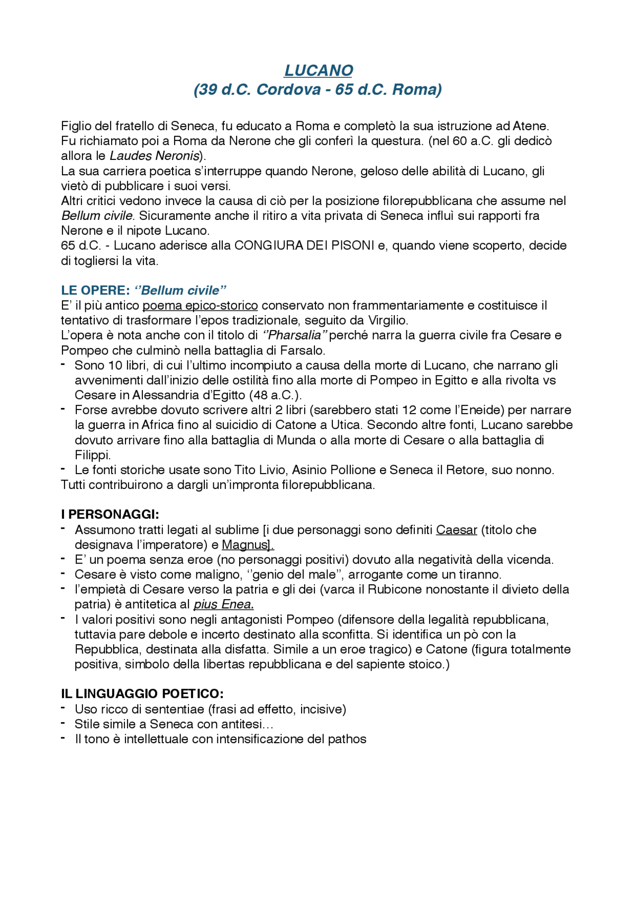 Lucano: vita e opere + Bellum Civile - Docsity