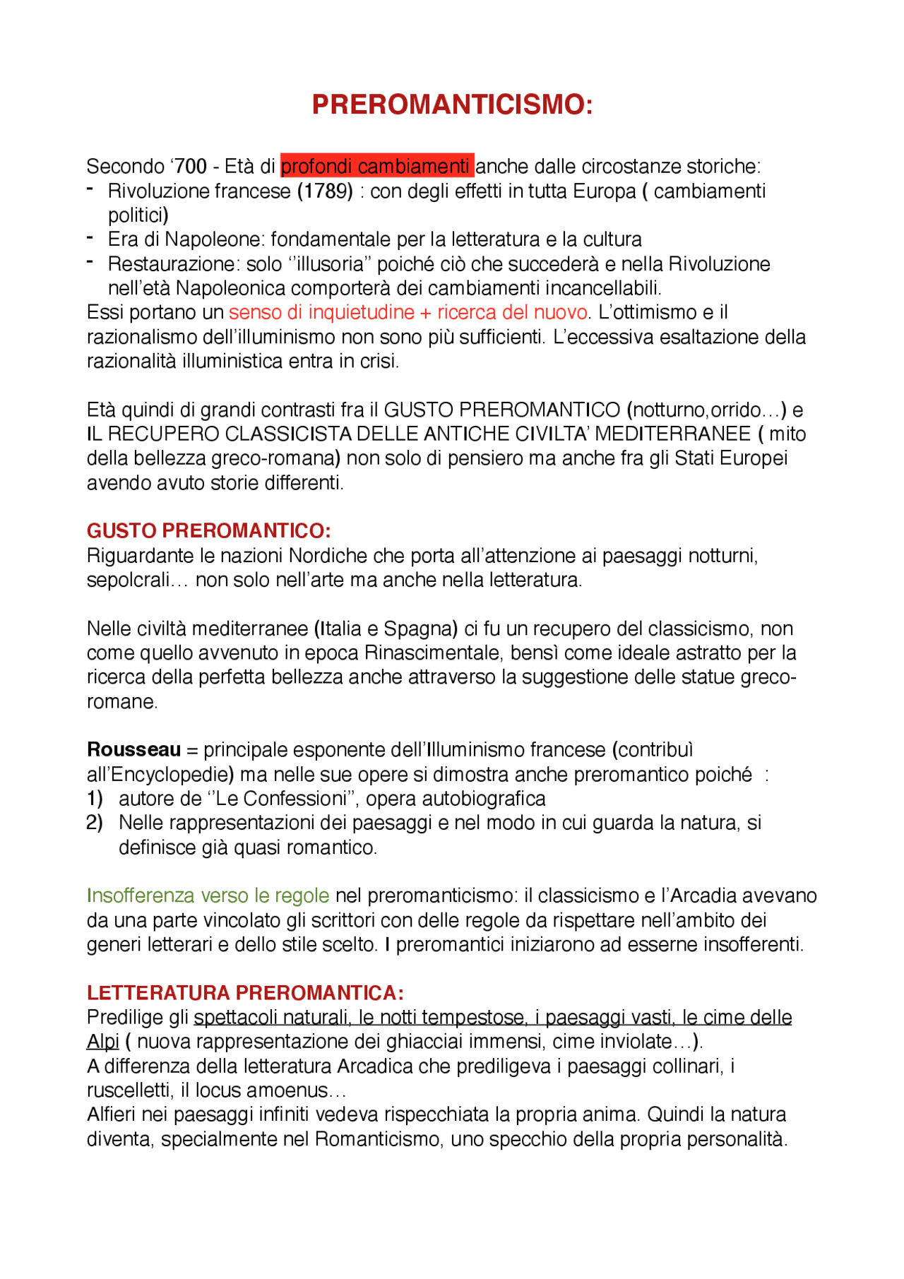 Preromanticismo, i caratteri generali - Docsity