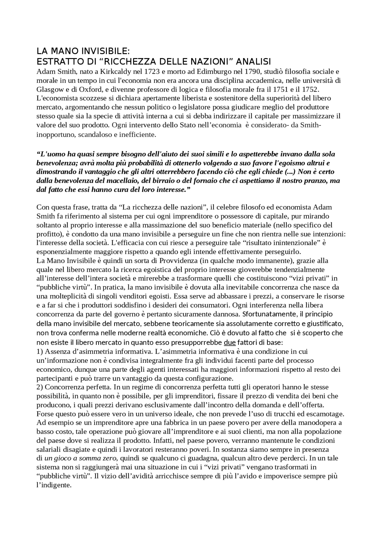 La mano invisibile del mercato - Docsity