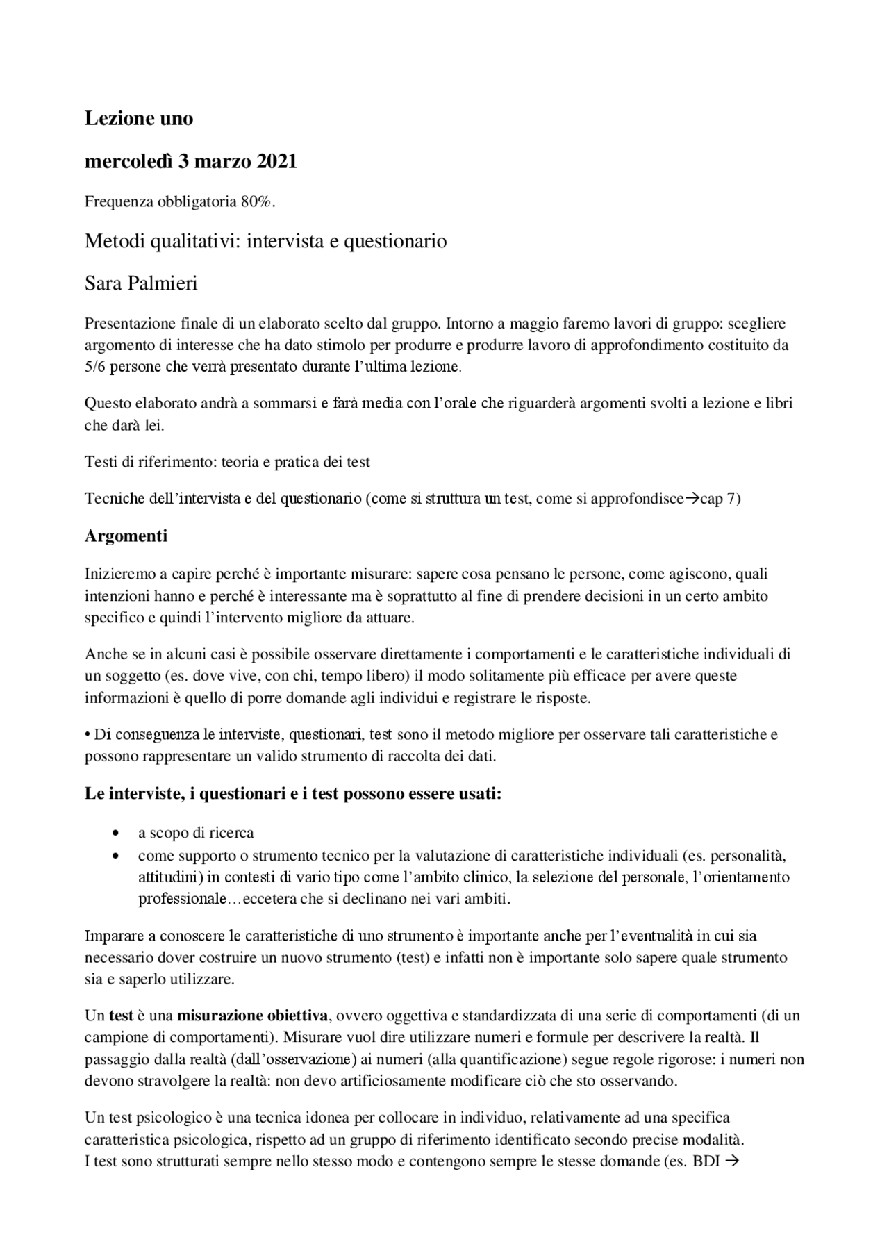 Riassunto Metodi Qualitativi Intervista E Questionario Docsity