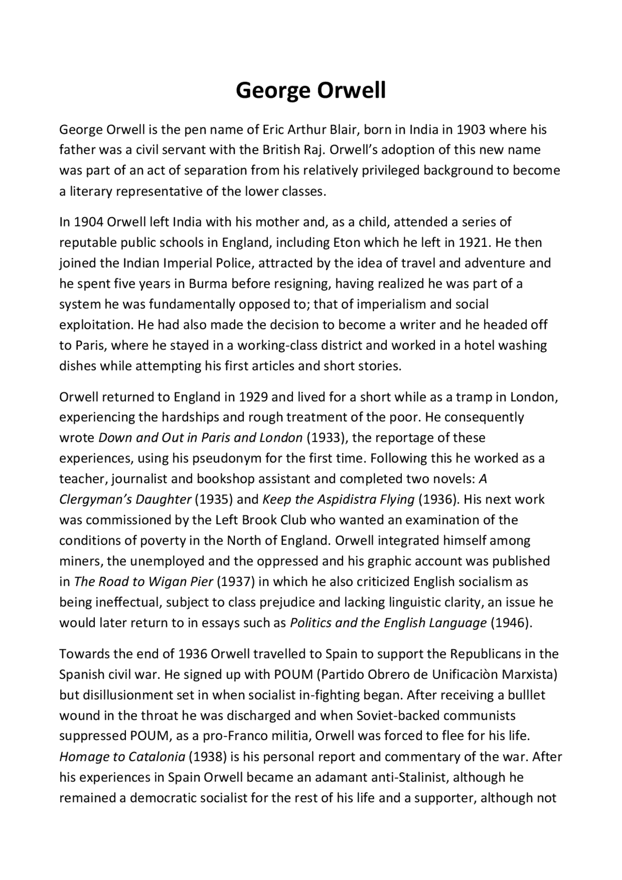 George Orwell biography - Docsity