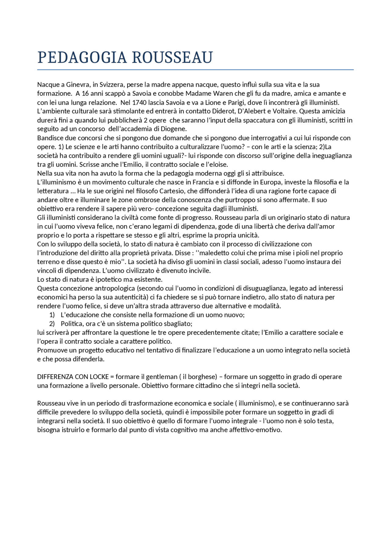 Rousseau E La Sua Pedagogia Docsity