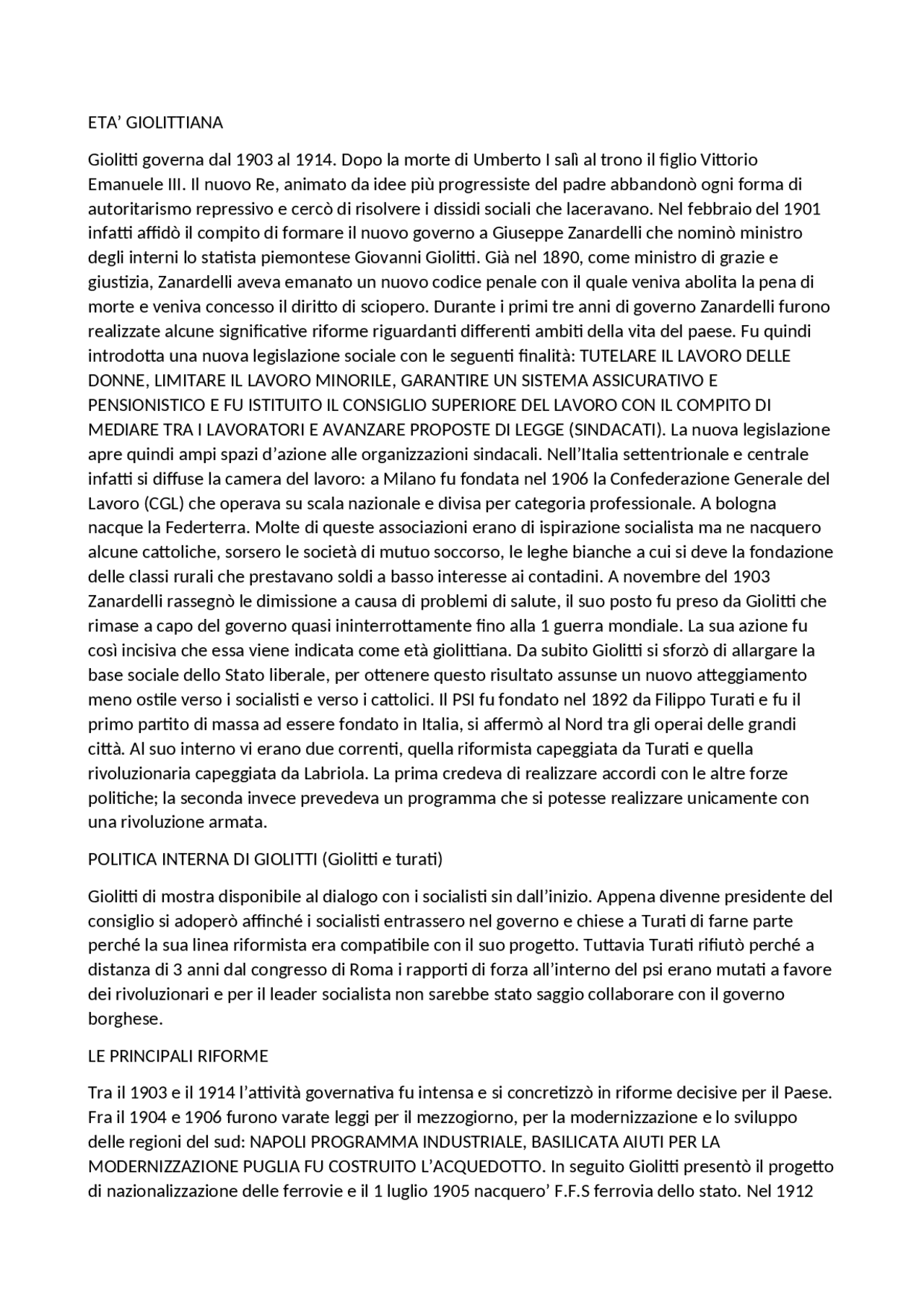 Riassunto Eta Giolittiana Docsity