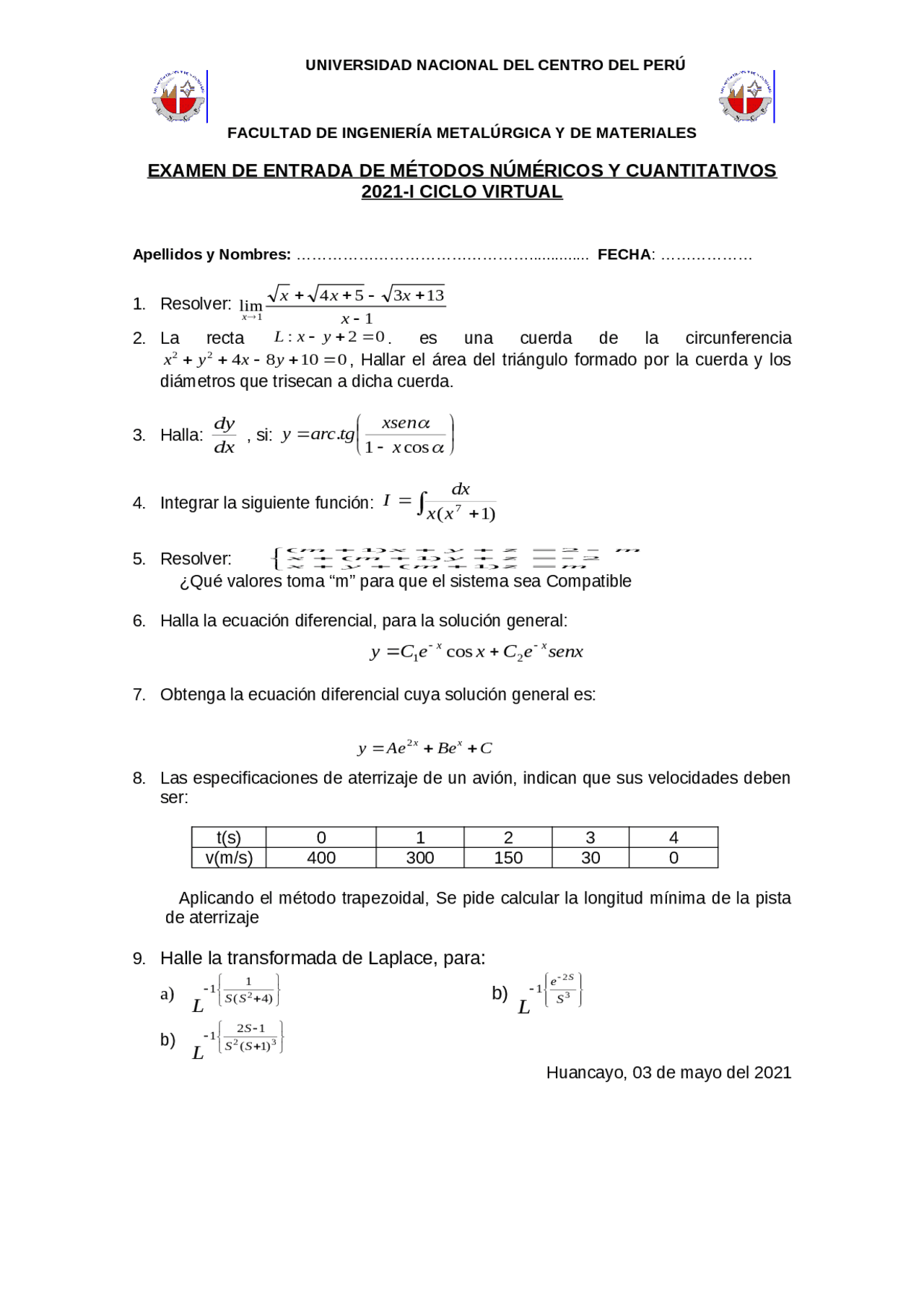 Prueba Metodos NumÉricos Exámenes De Métodos Numéricos Docsity