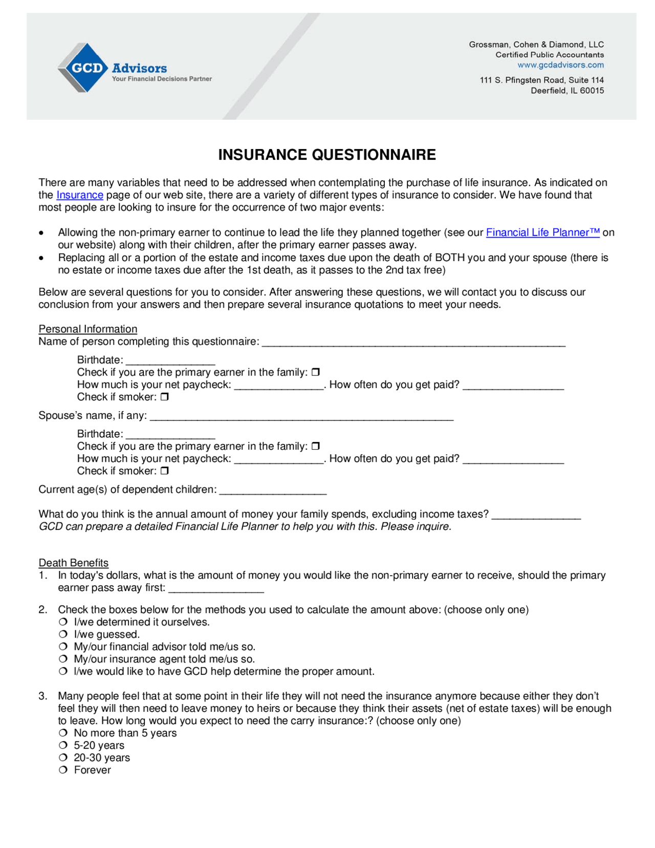 Insurance questionnaire | Assignments Finance | Docsity