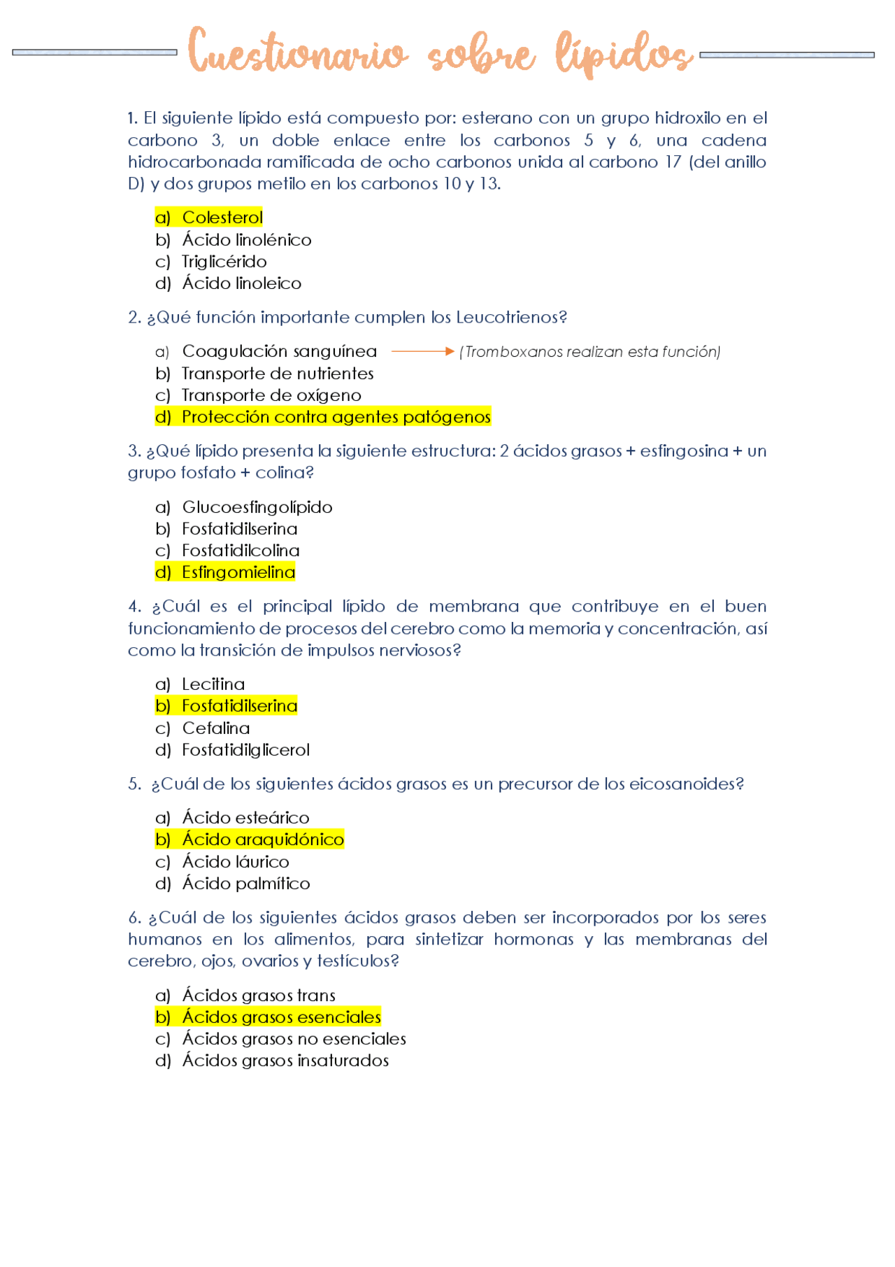 Cuestionario Lípidos Docsity