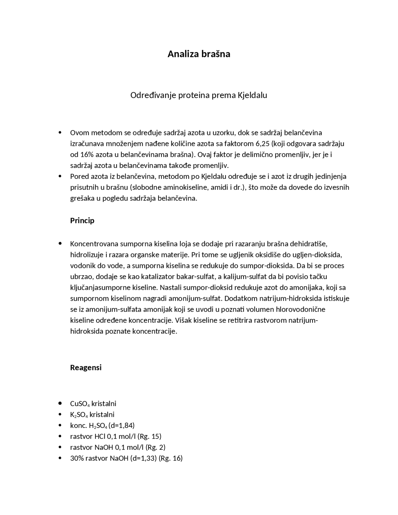 Analiza brasna, odredjivanje proteina | Rezime' predlog Bromatologija - Docsity