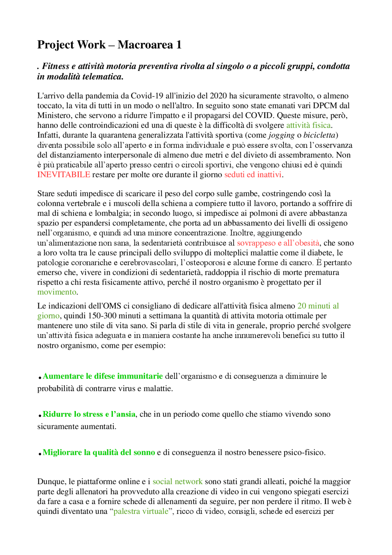 Project Work Stage Unipegaso Scienze Motorie Docsity