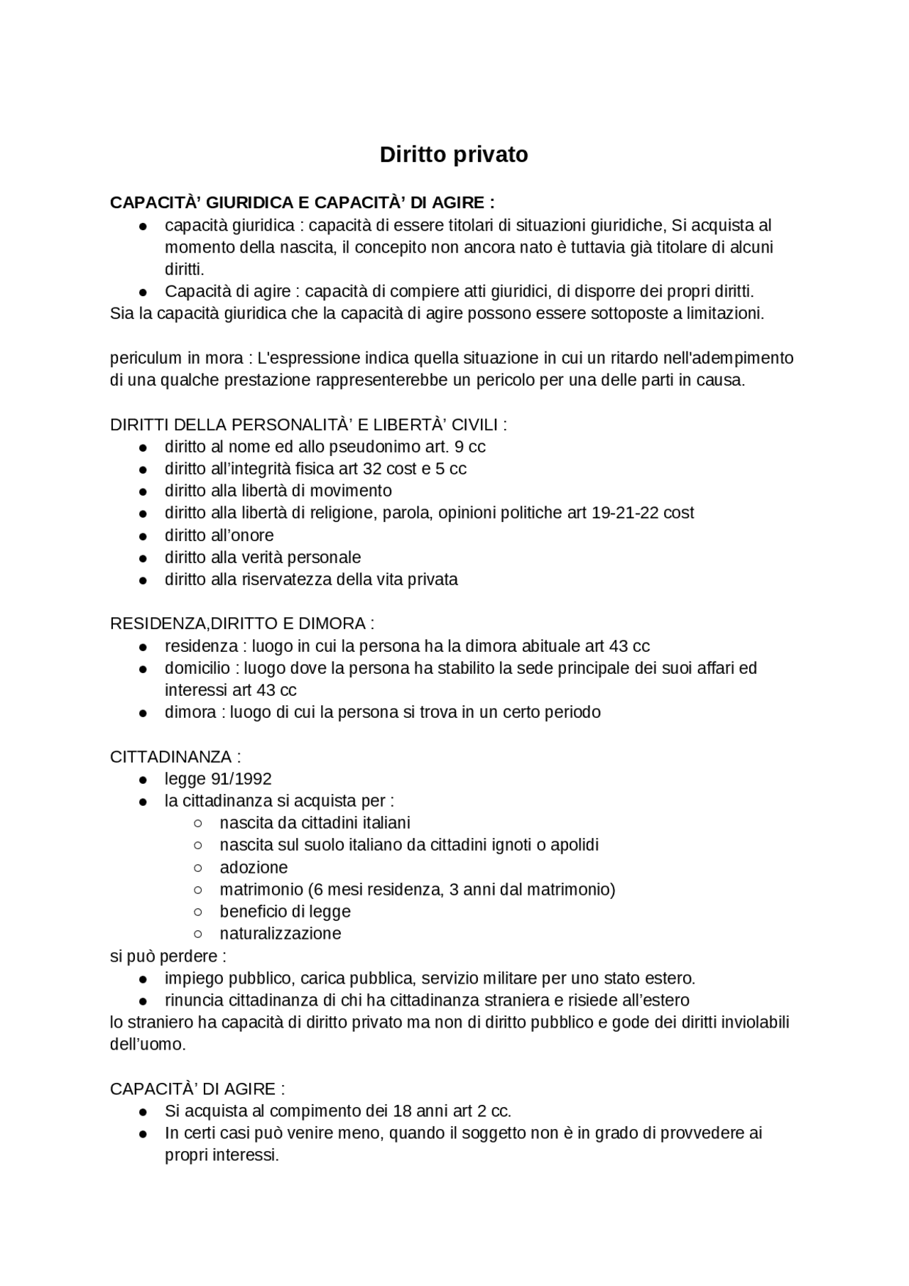 Argomenti E Sintesi Diritto Privato Docsity
