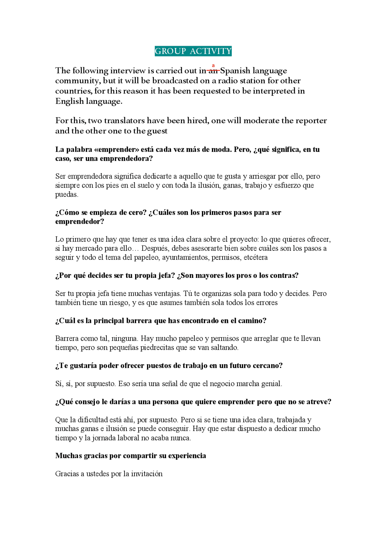 Work group for activities and translation for class - Docsity