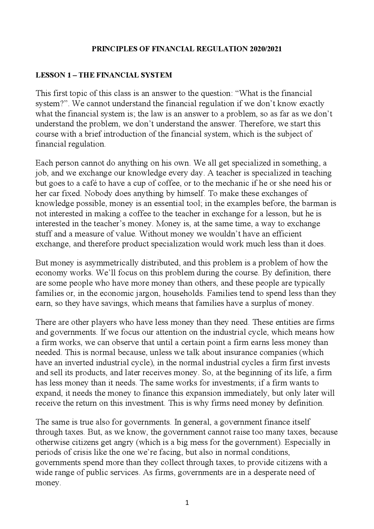 PRINCIPLES OF FINANCIAL REGULATION PROF. PERRONE + PROF. BINDER - Docsity