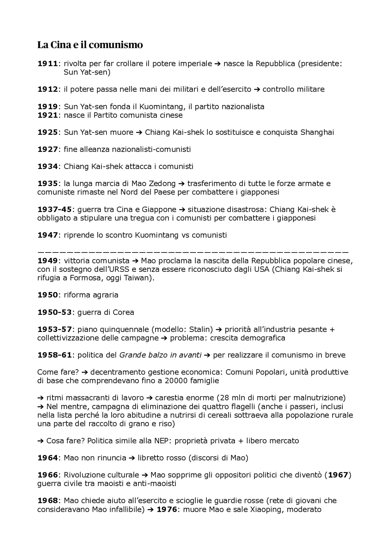 La Cina E Il Comunismo Schemi E Mappe Concettuali Di Storia Docsity