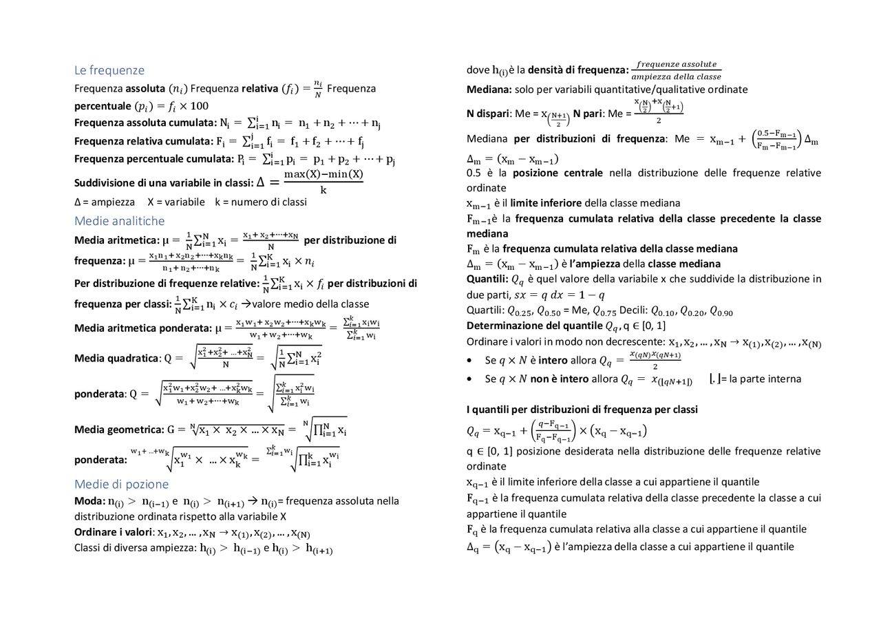 Formulario statistica descrittiva marchetti unipi | Formulari di ...