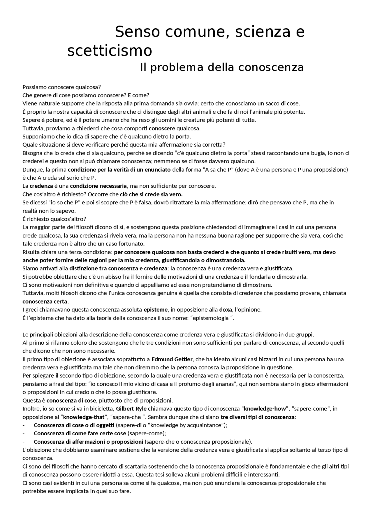 Senso comune, scienza e scetticismo - Docsity